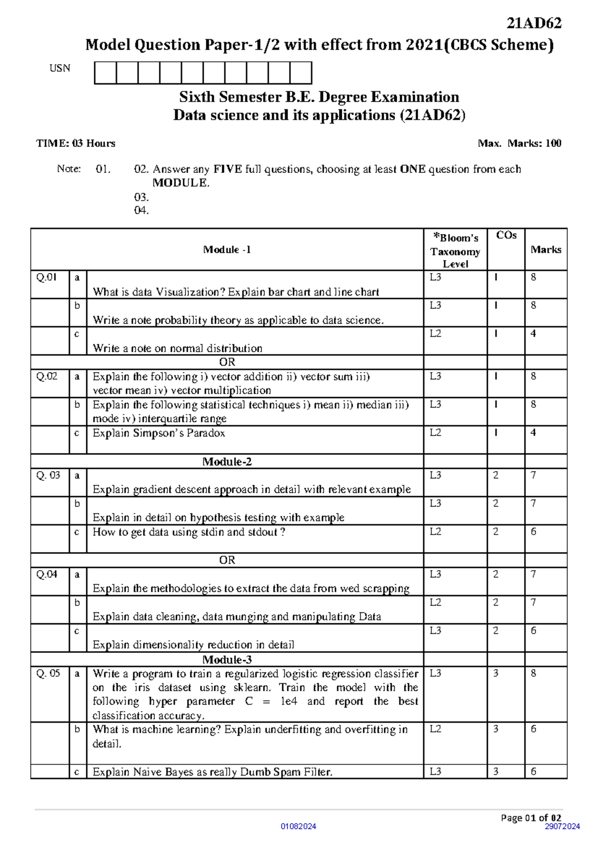 21AD62 model paper - 21AD Page 01 of 02 Model Question Paper-1/2 with effect from 2021(CBCS ...
