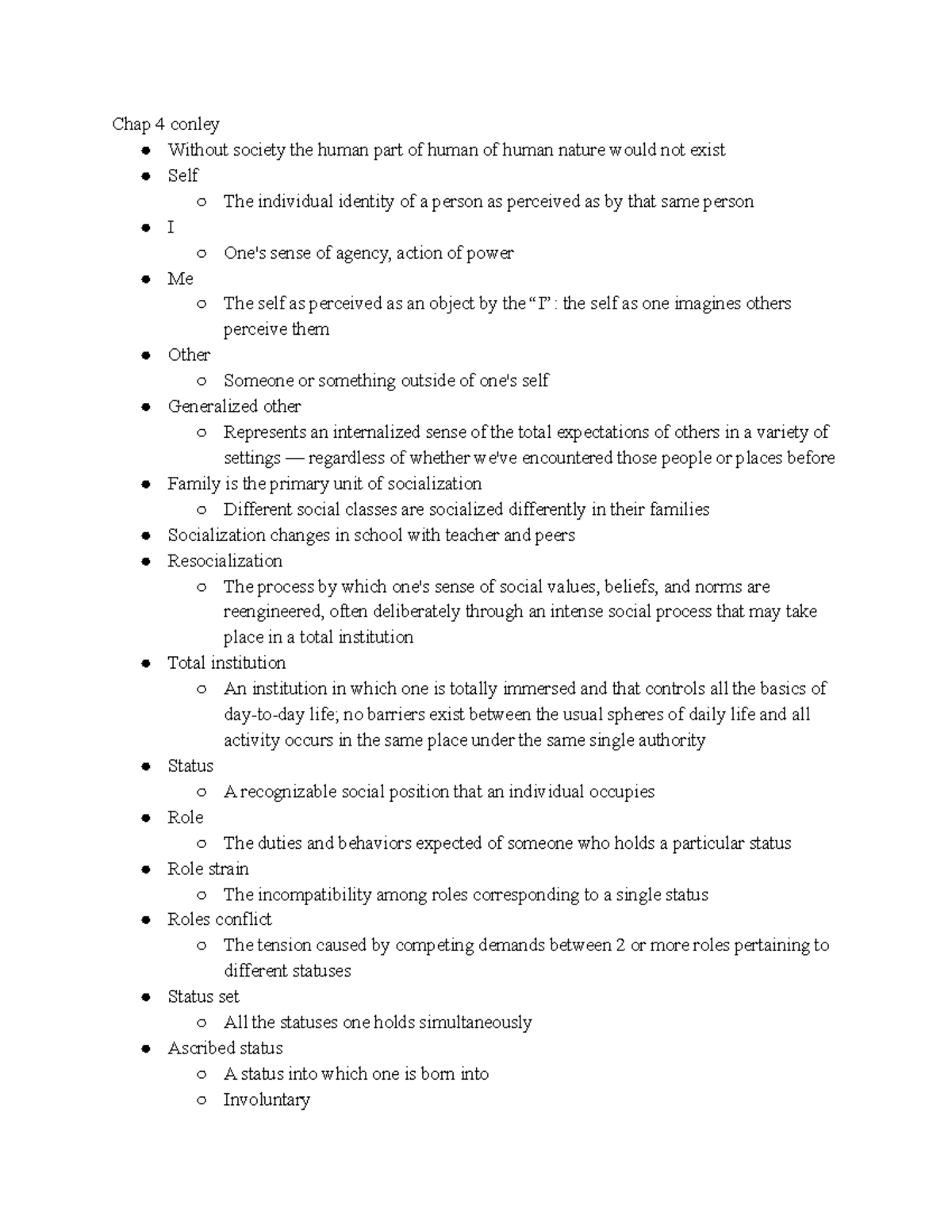 Chap 4 conley - Chapter 4 notes from required textbook reading SOC 001 ...