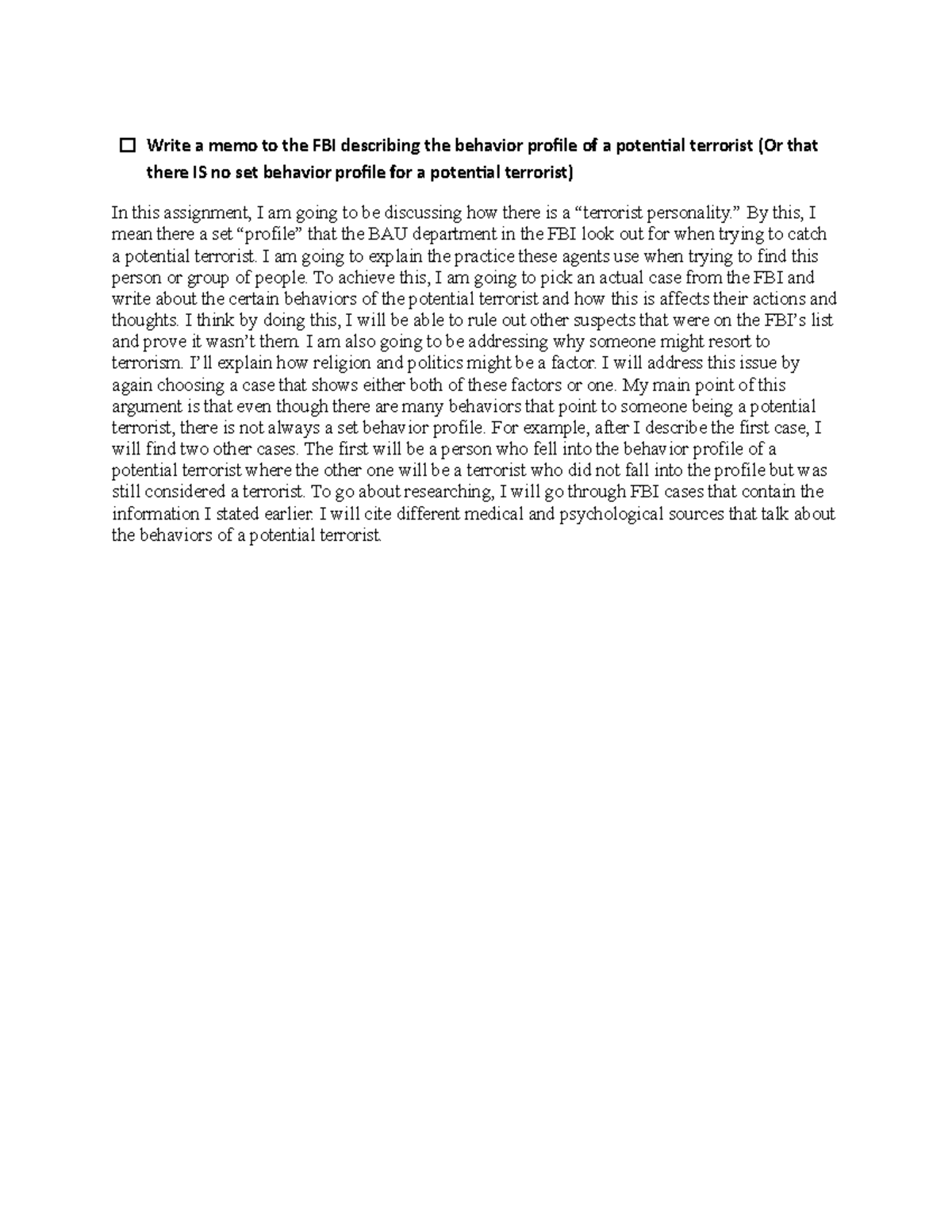 CTL Final Essay Notes - Write a memo to the FBI describing the behavior ...