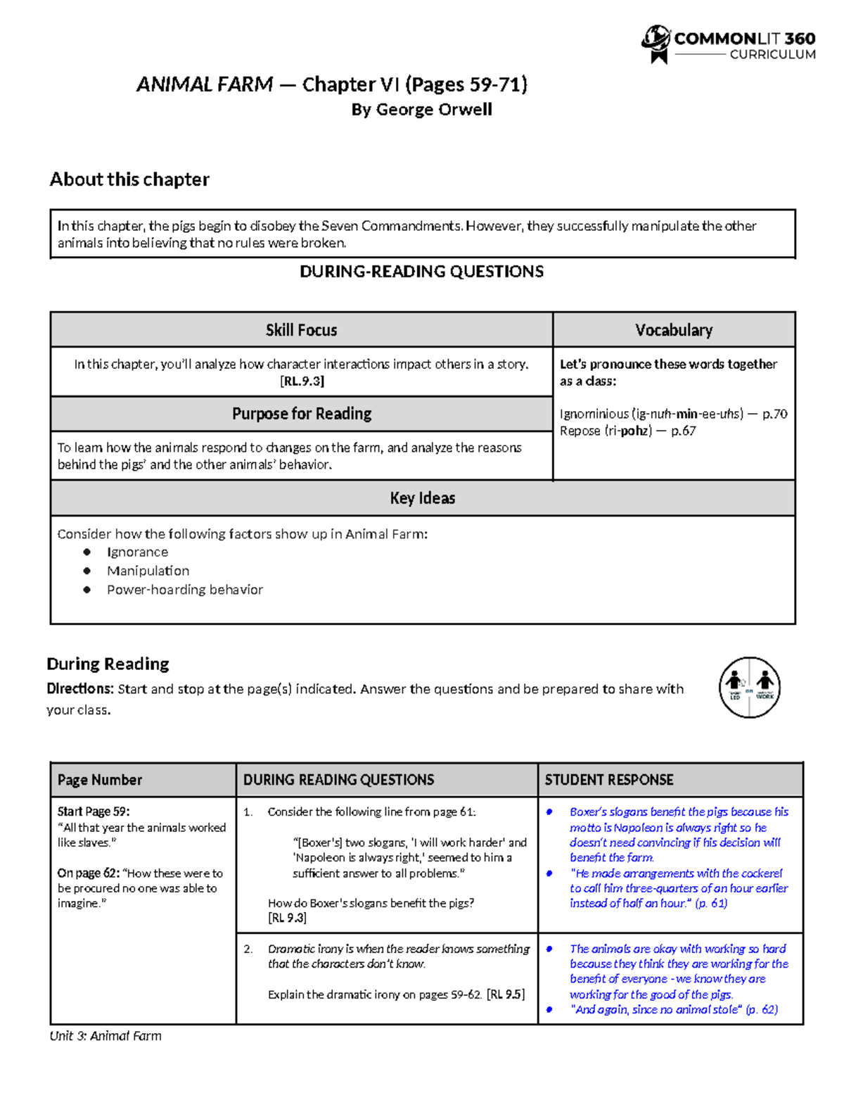 Animal Farm Chapter VI During-Reading Questions Student COPY - ANIMAL ...