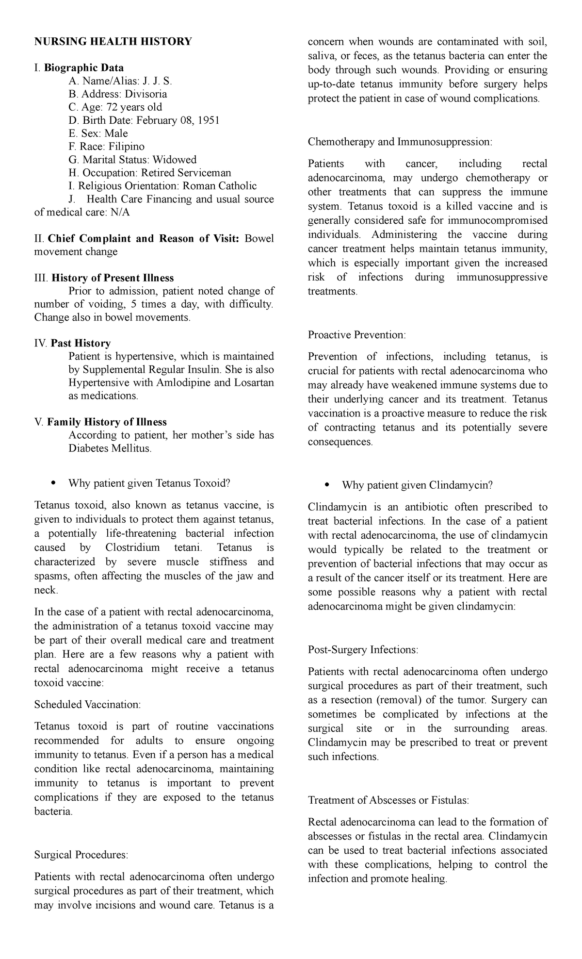 Nursing Health Histor 1 - NURSING HEALTH HISTORY I. Biographic Data A ...