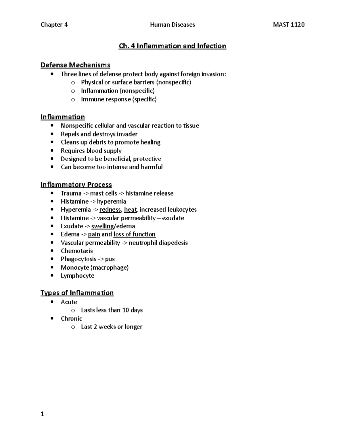 Ch. 4 Notes - 1120 - Ch. 4 Inflammation and Infection Defense ...