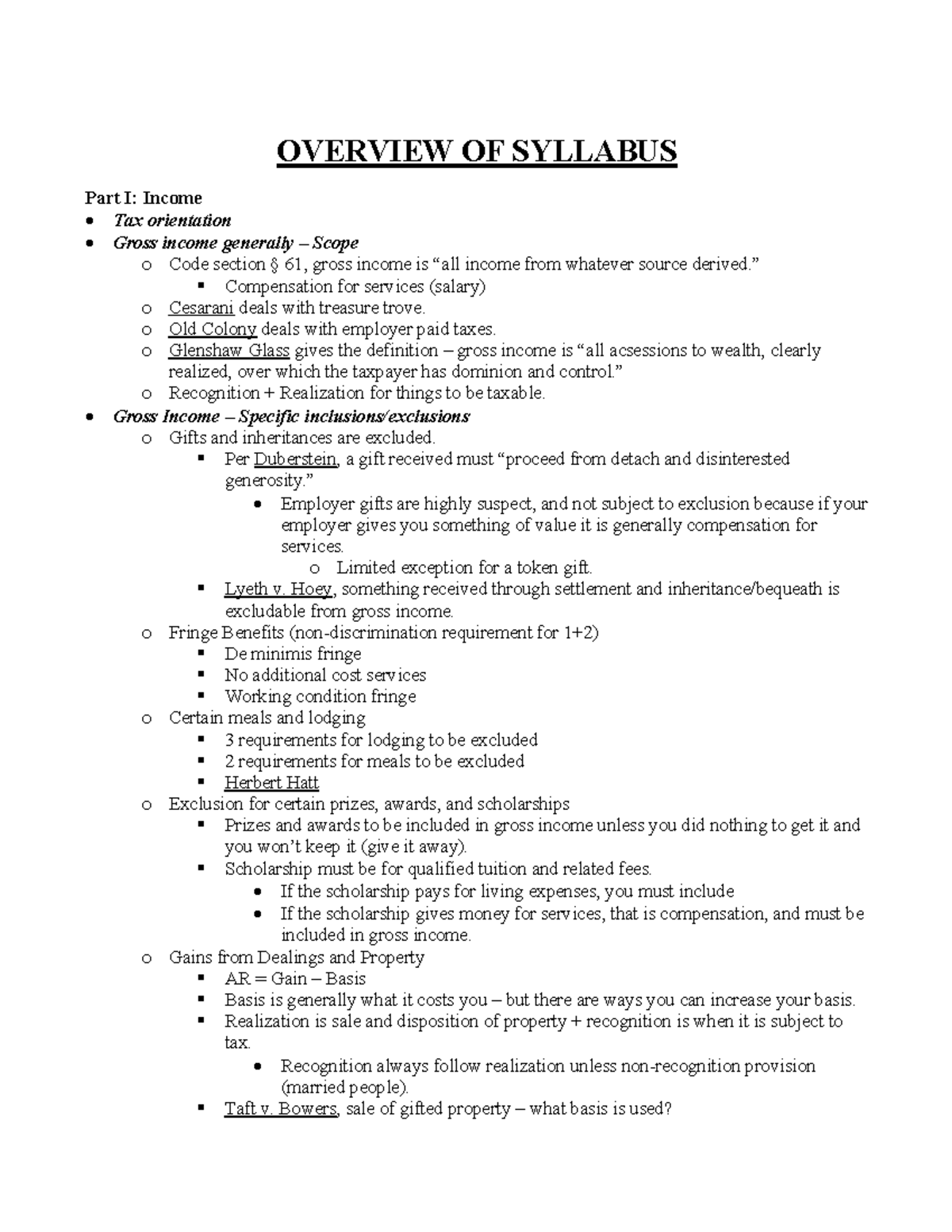 Overview of Income Tax Syllabus - OVERVIEW OF SYLLABUS Part I: Income ...