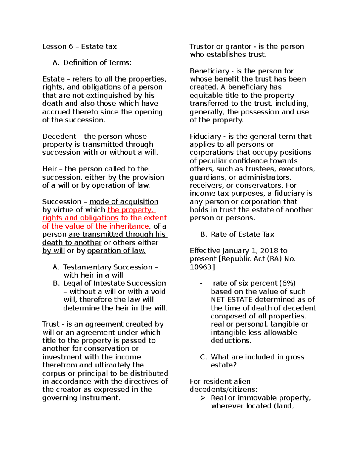 Lesson 6 - Estate Tax - Lesson 6 – Estate tax A. Definition of Terms ...