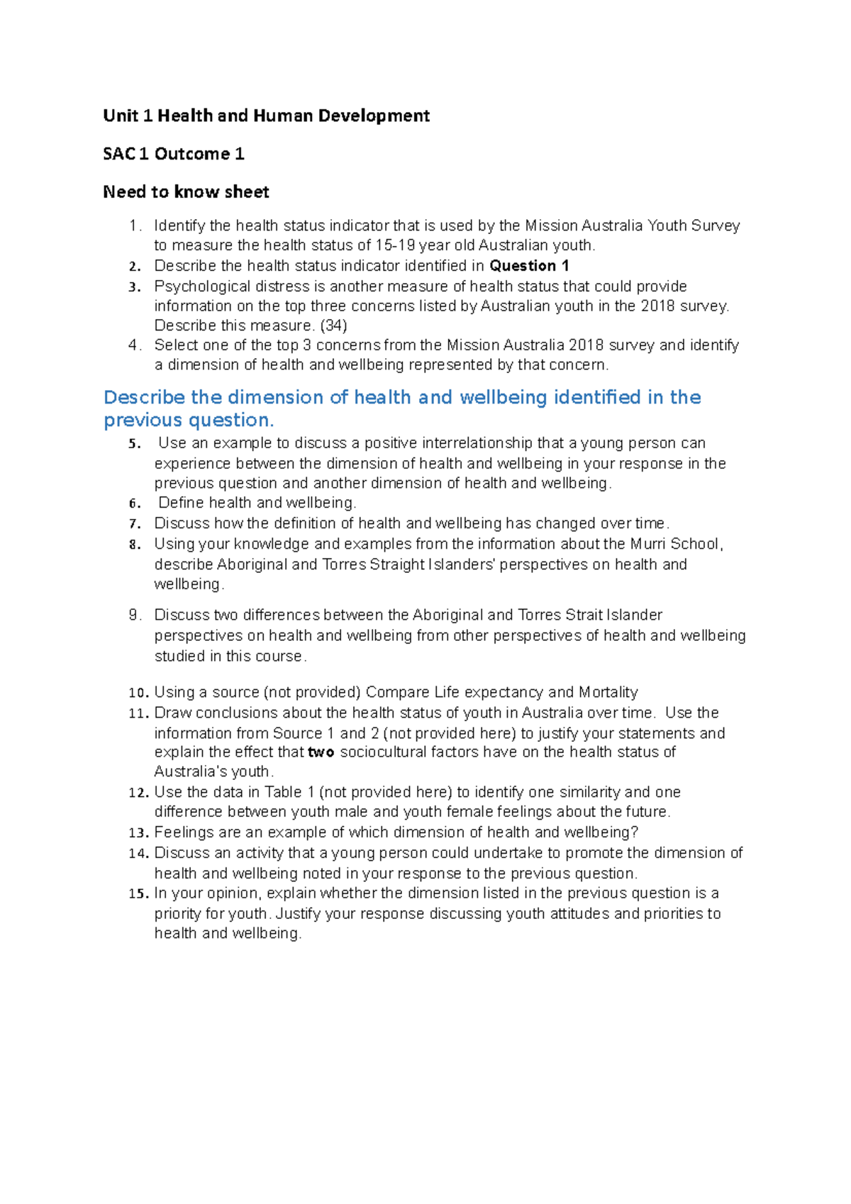 Need to know sheet SAC 1 Outcome 1 - Unit 1 Health and Human ...