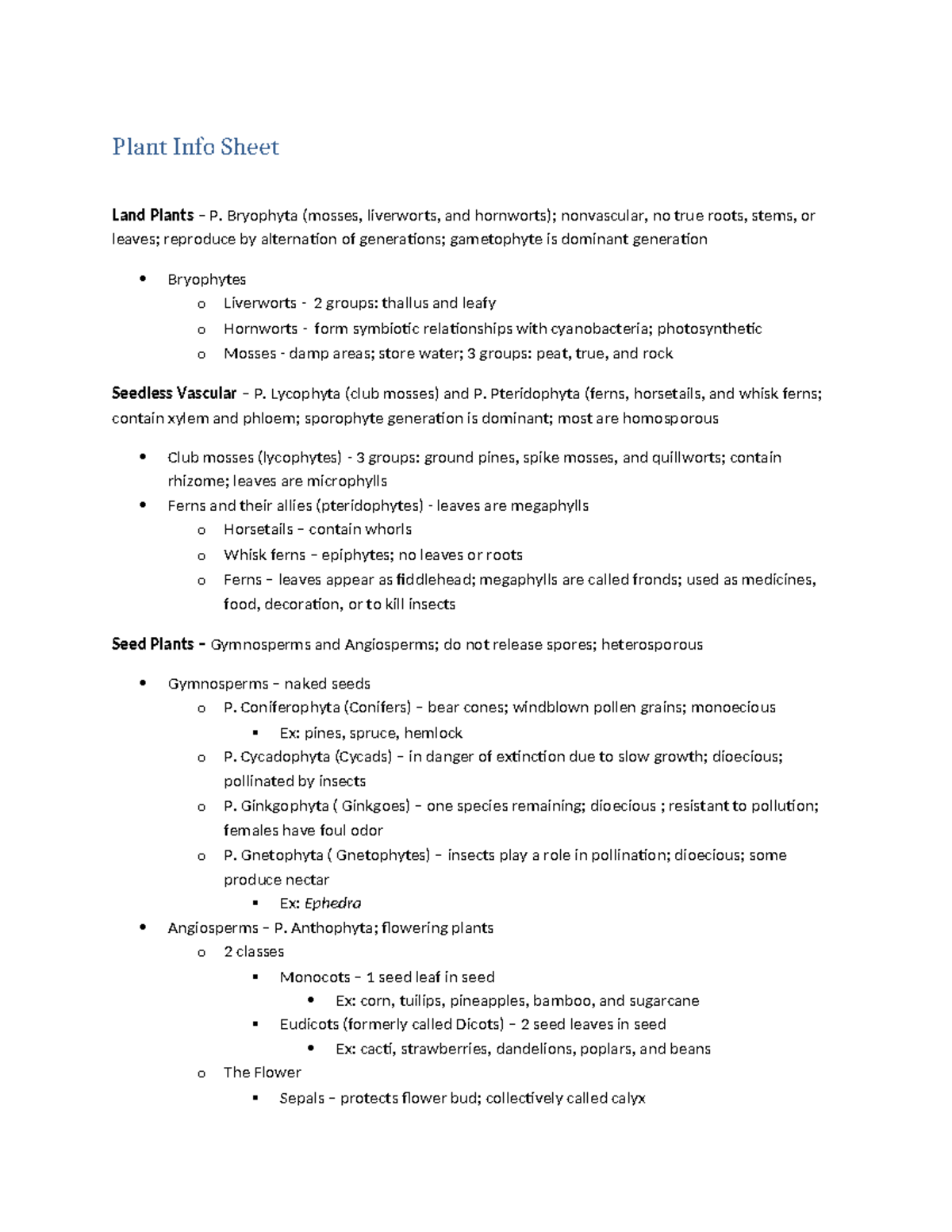 Plant Info Sheet - Tagged - Plant Info Sheet Land Plants – P. Bryophyta ...