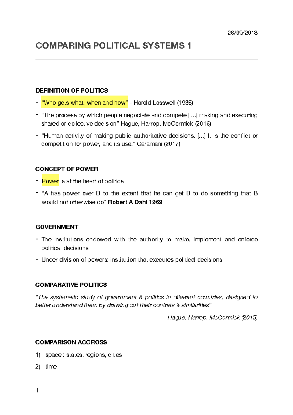 CPS Lecture 1 KCL - 26/09/2018 COMPARING POLITICAL SYSTEMS 1 DEFINITION ...