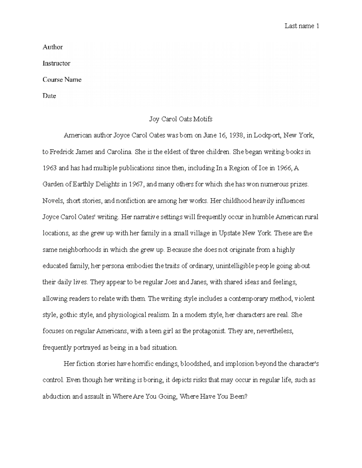 Joyce carol oates 1 - Literature summary assignment - Joy Carol Oats ...