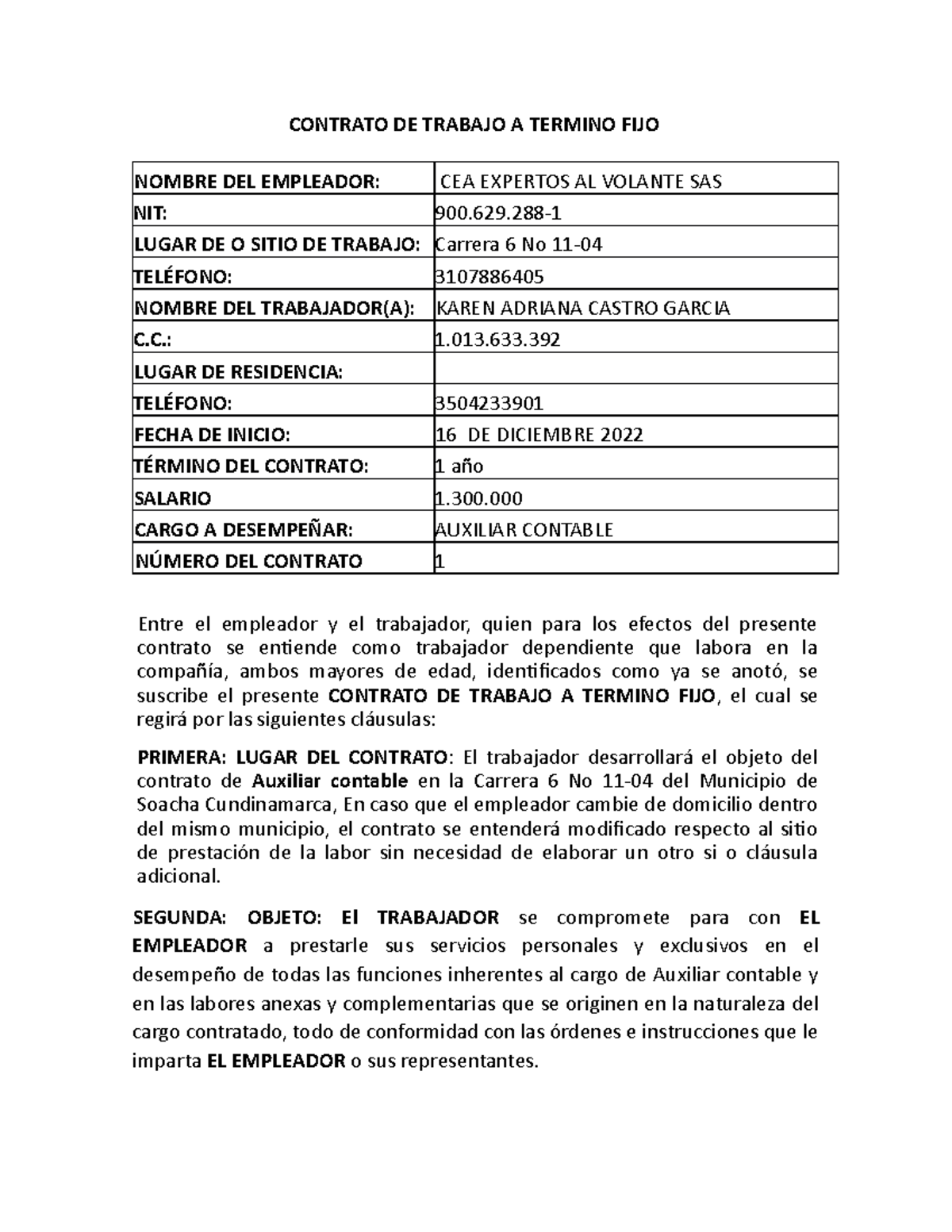 Contrato termino fijo - CONTRATO DE TRABAJO A TERMINO FIJO NOMBRE DEL ...