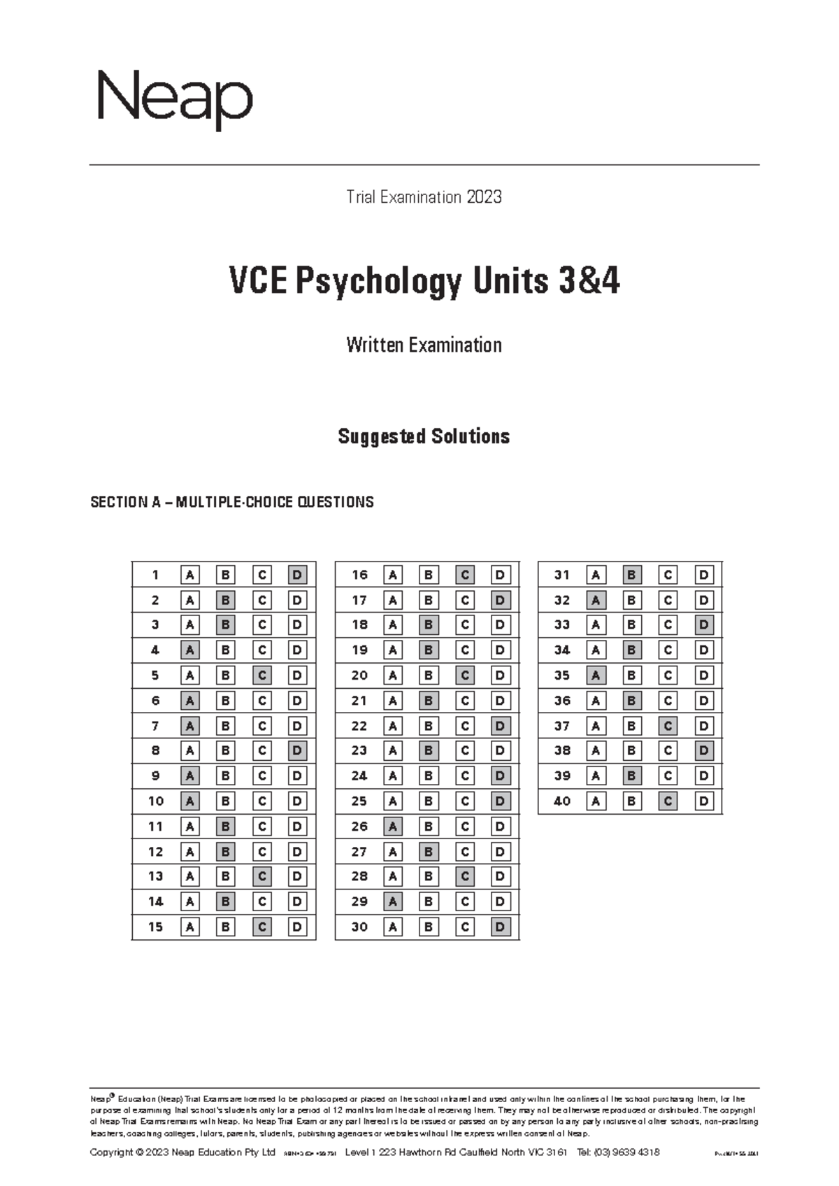 VCE Psychology Units 34 Suggested Solutions Booklet 2023 - Trial ...
