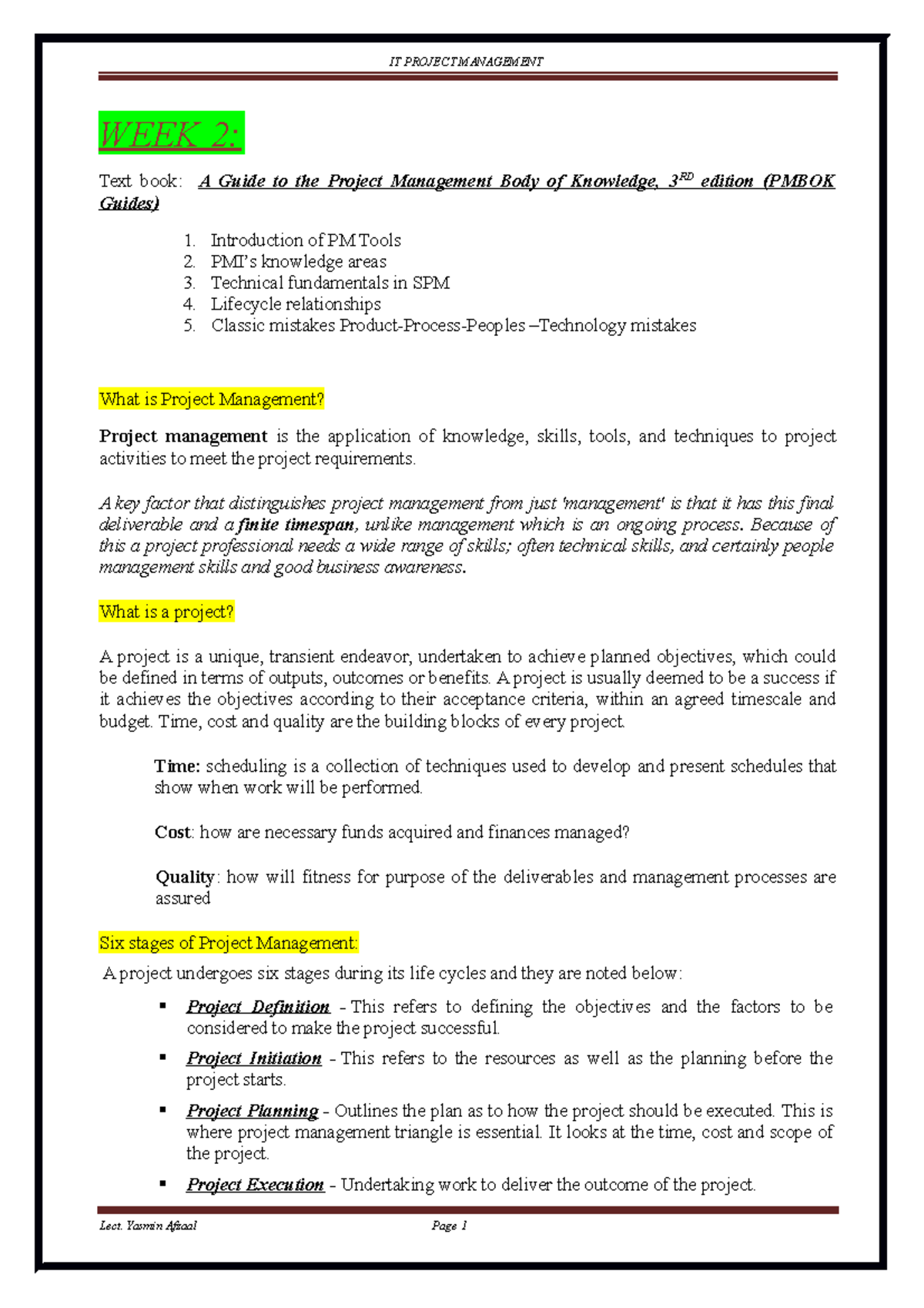 Notes-Week 2 (IT Project Management) - WEEK 2: Text book: A Guide to ...