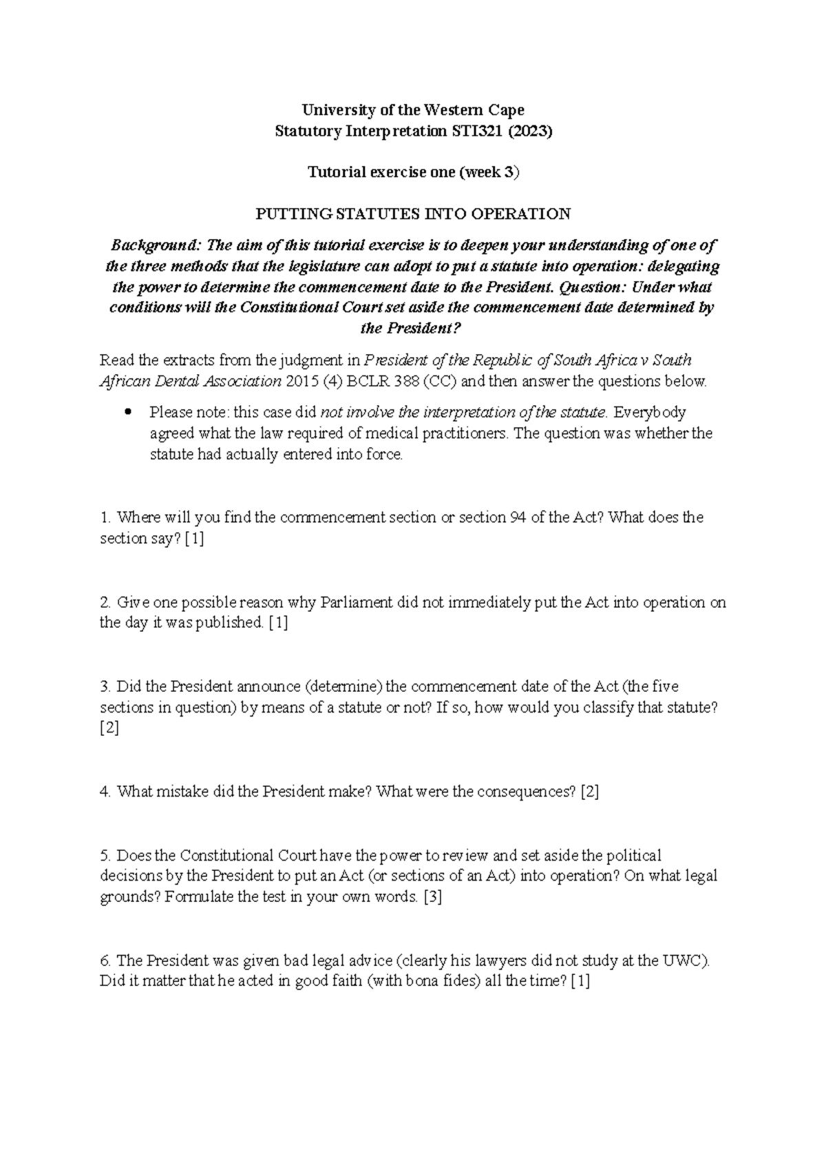 Tutorial exercise 1 - WORK ON IT - University of the Western Cape ...