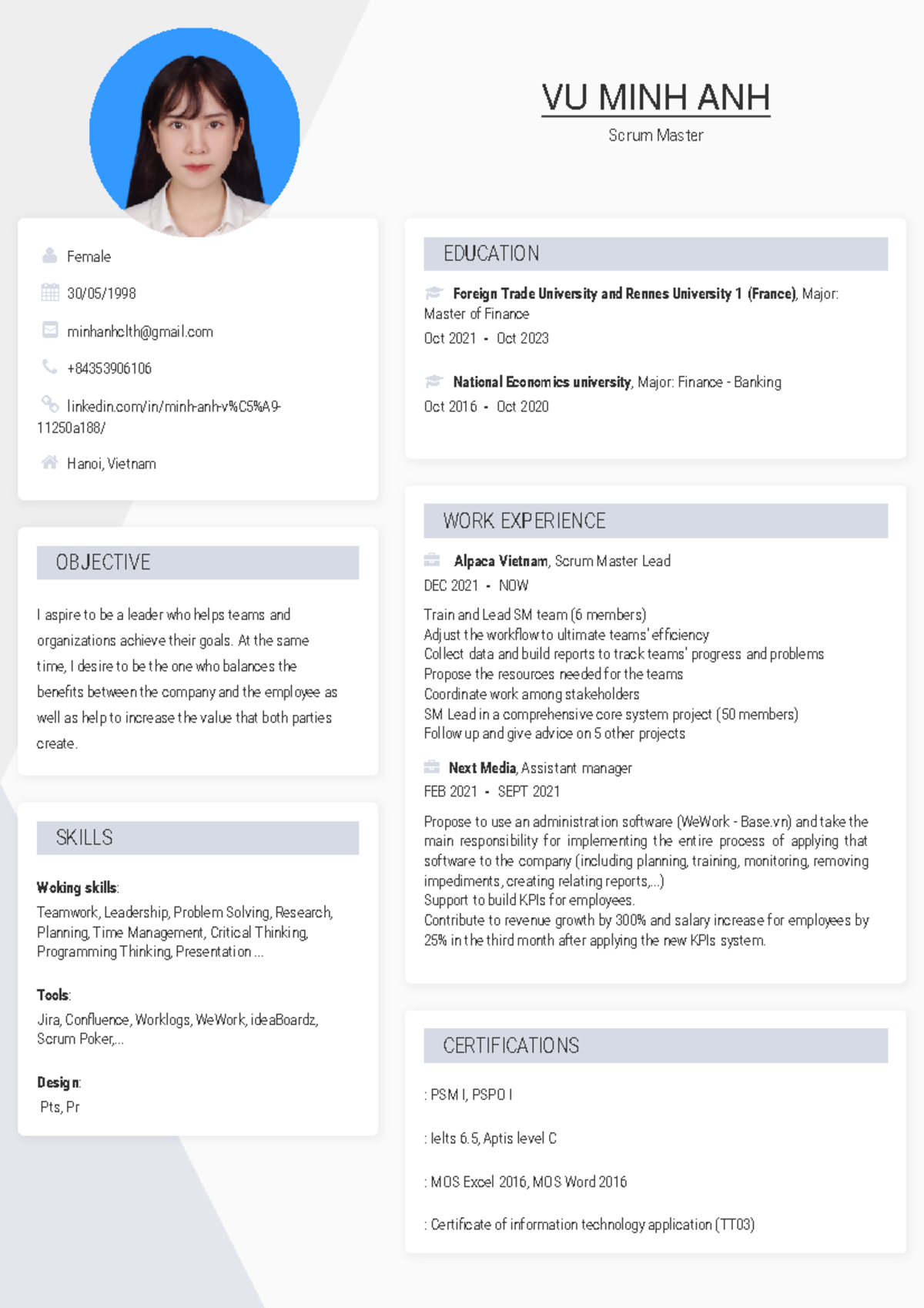 Resume - Vu Minh Anh - PM cv - Female 30/05/ minhanhclth@gmail + - Studocu