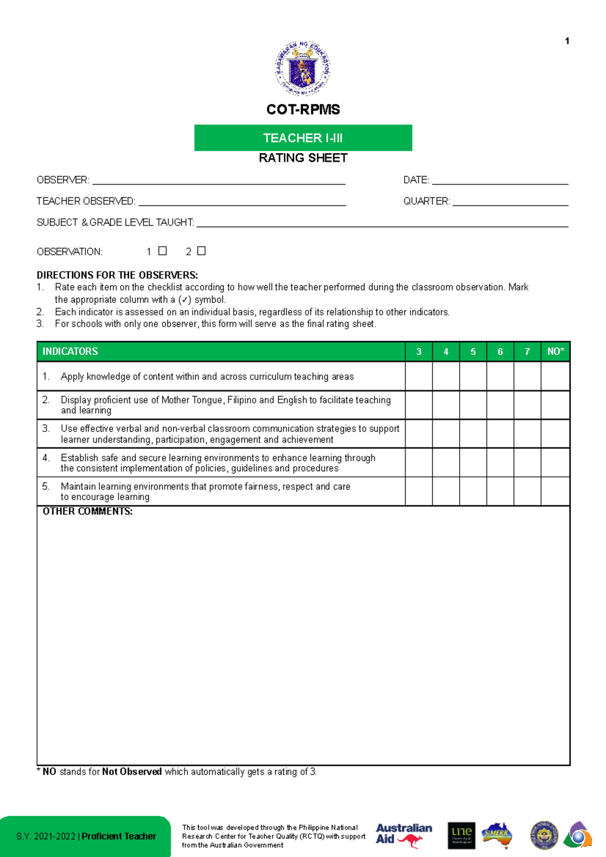 Appendix 3C COT RPMS Rating Sheet for T I III for SY 2021 2022 in the ...
