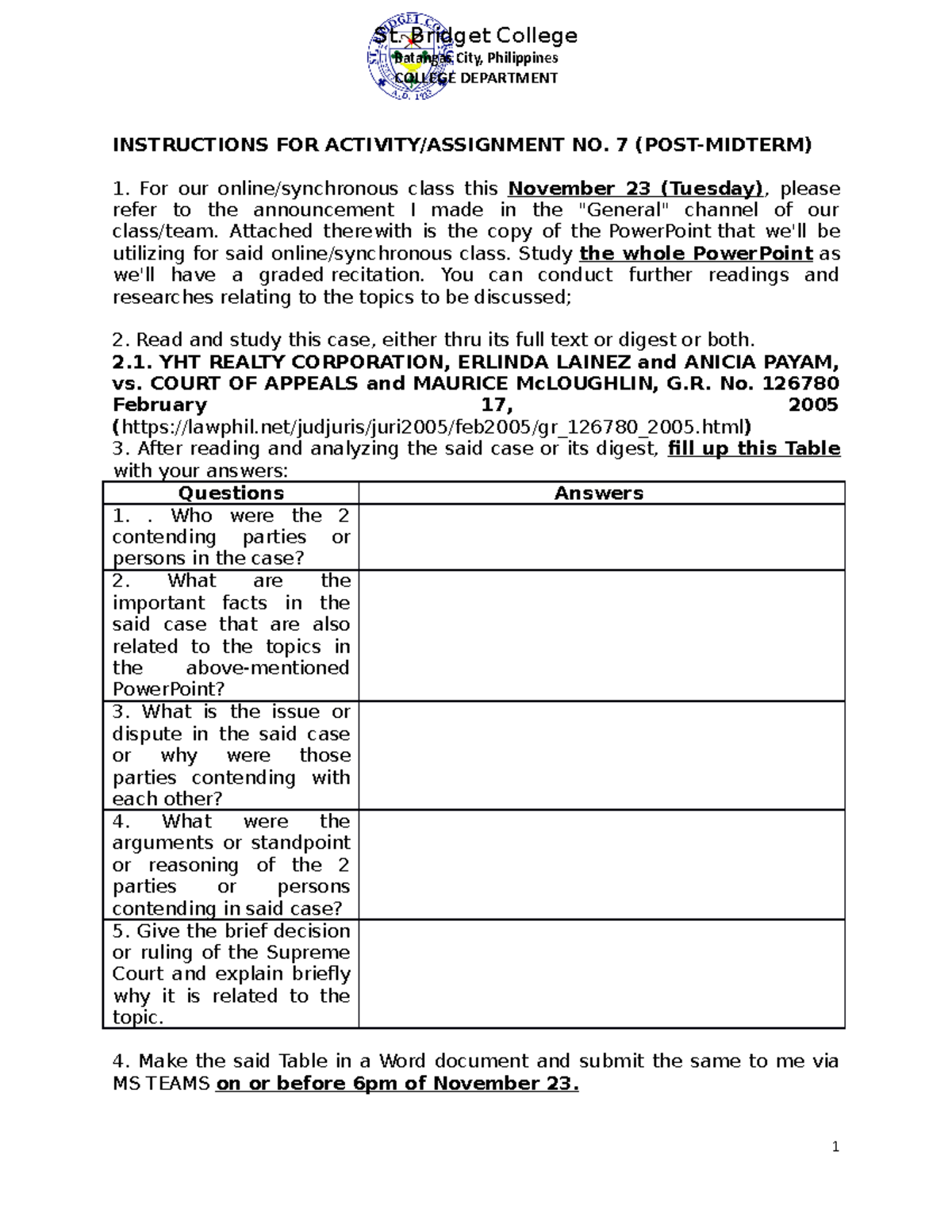 Assignment Activity No. 7 Oblicon - INSTRUCTIONS FOR ACTIVITY/ASSIGNMENT NO. 7 (POST-MIDTERM ...