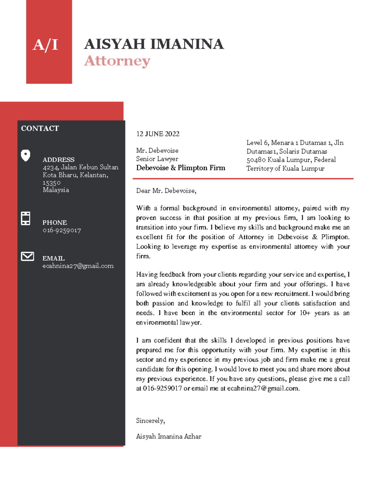 Cover Letter STID - STID - AISYAH IMANINA Attorney CONTACT ADDRESS 4234 ...