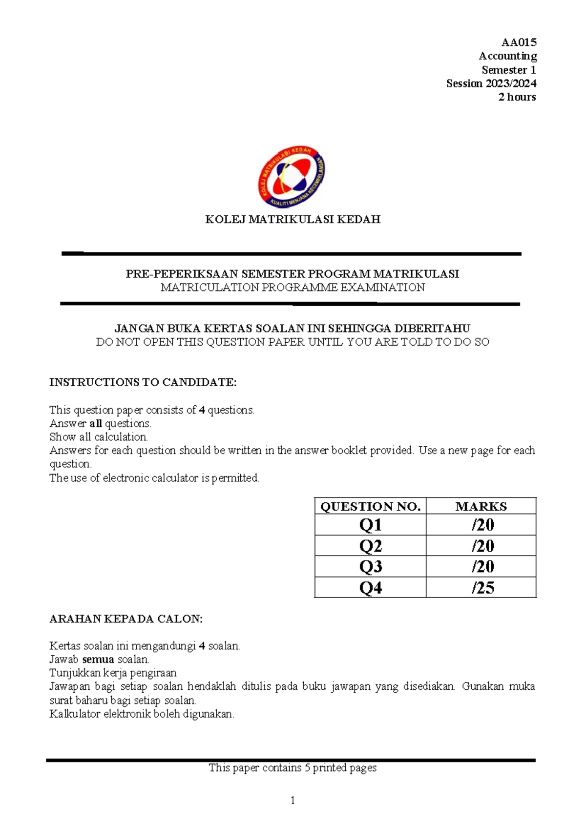 Trial AA015 2324 - AA Accounting Semester 1 Session 2023/ 2 hours KOLEJ MATRIKULASI KEDAH - Studocu