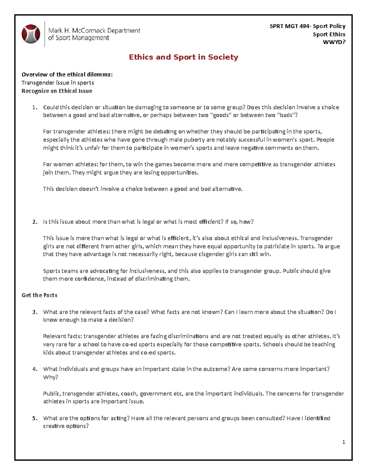 Sport Ethics WWYD - SPRT MGT 494- Sport Policy Sport Ethics WWYD ...