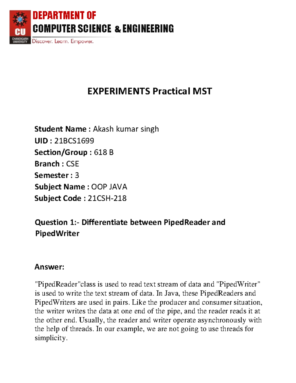 21BCS1699 Surprise Test 2 java - COMPUTER SCIENCE & ENGINEERING ...