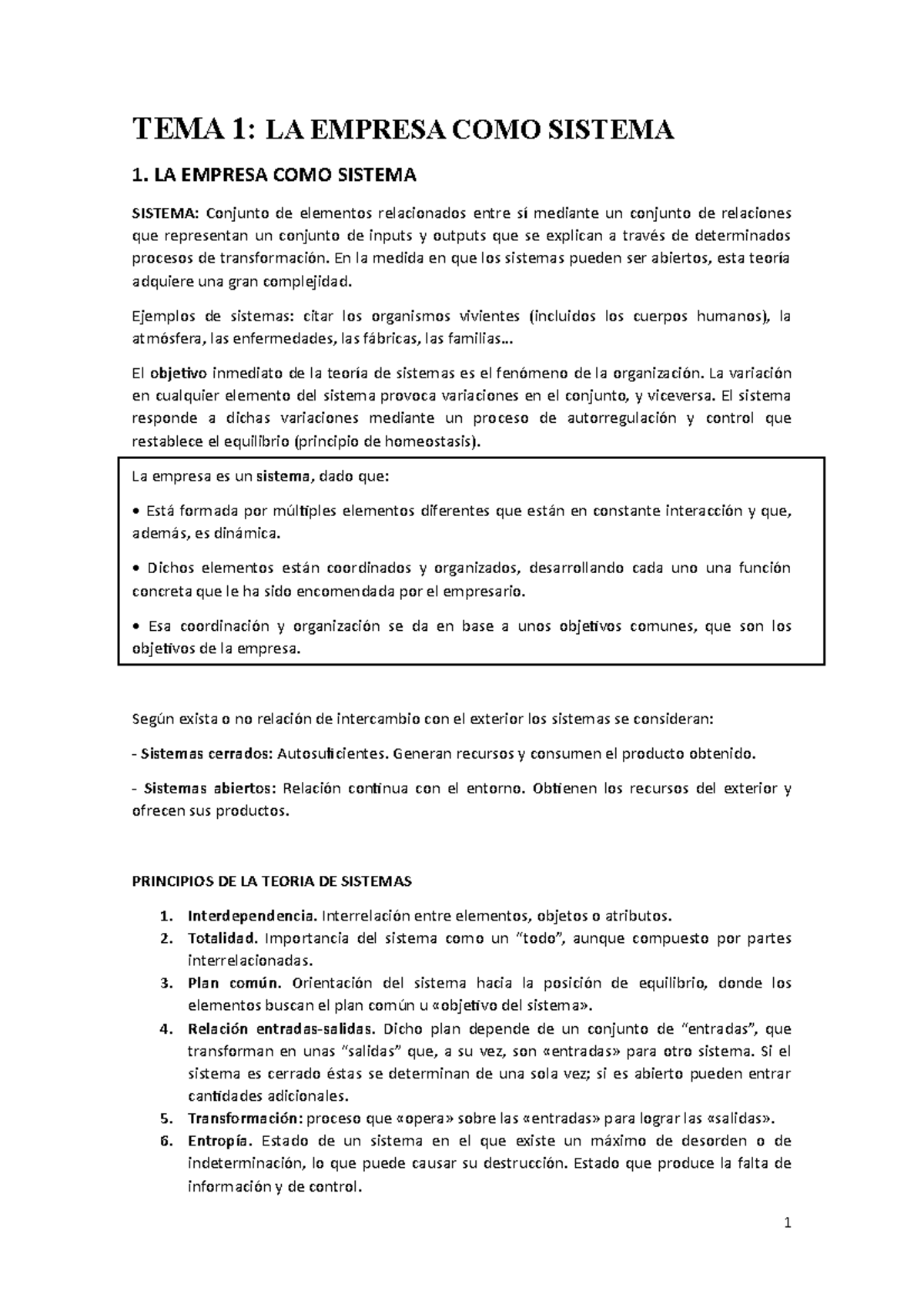 TEMA 1 - Economia de la empresa de primer año de ade - TEMA 1: LA EMPRESA COMO SISTEMA 1. LA ...