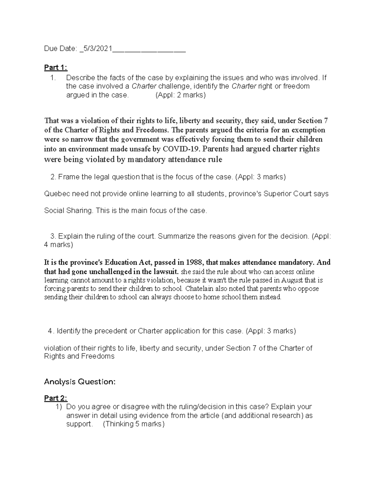Case analysis law - Due Date: 5/3/2021_________________ Part 1: 1 ...