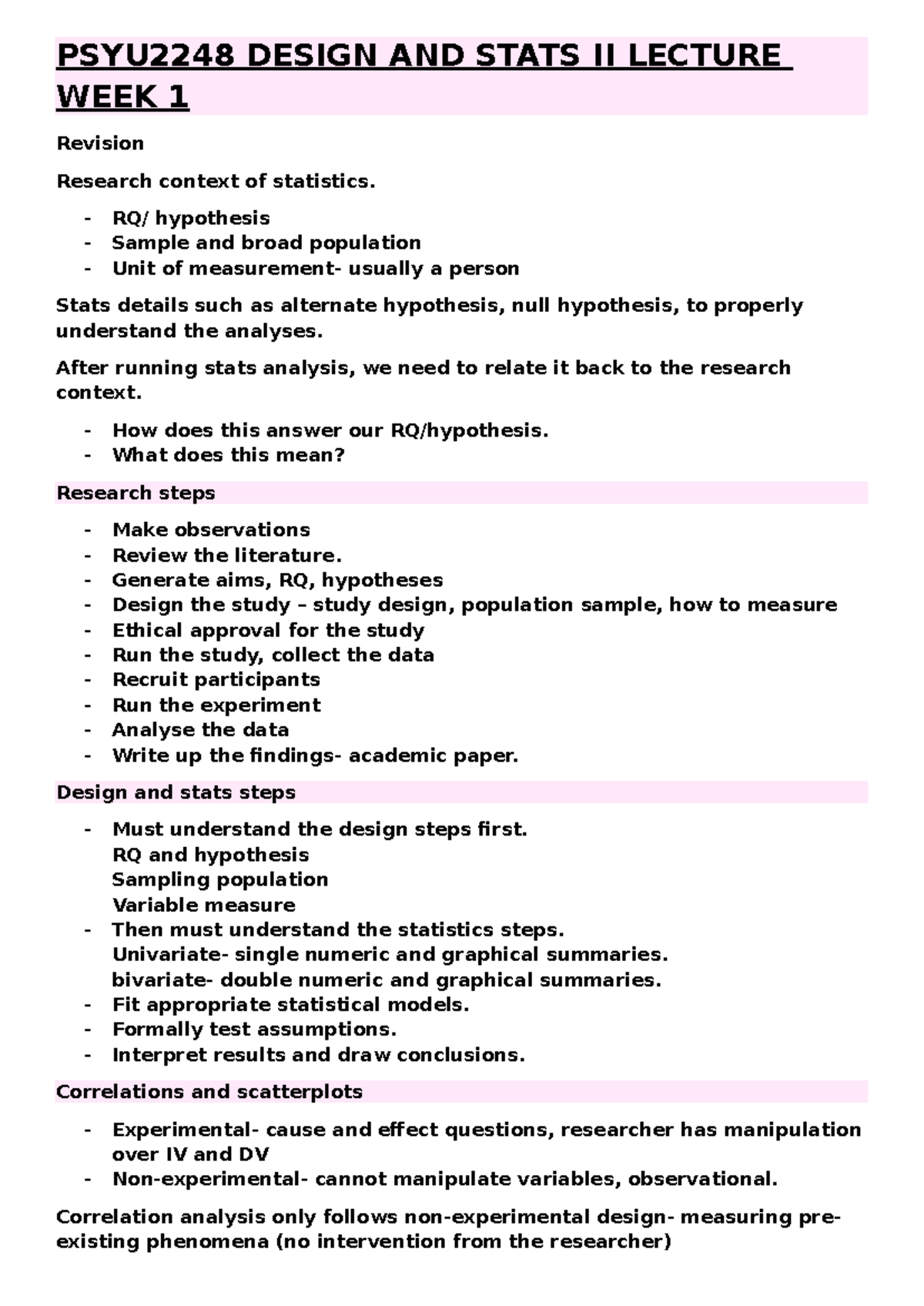 Stats Lecture Notes Psyu2248 Design And Stats Ii Lecture Week 1 Revision Research Context Of