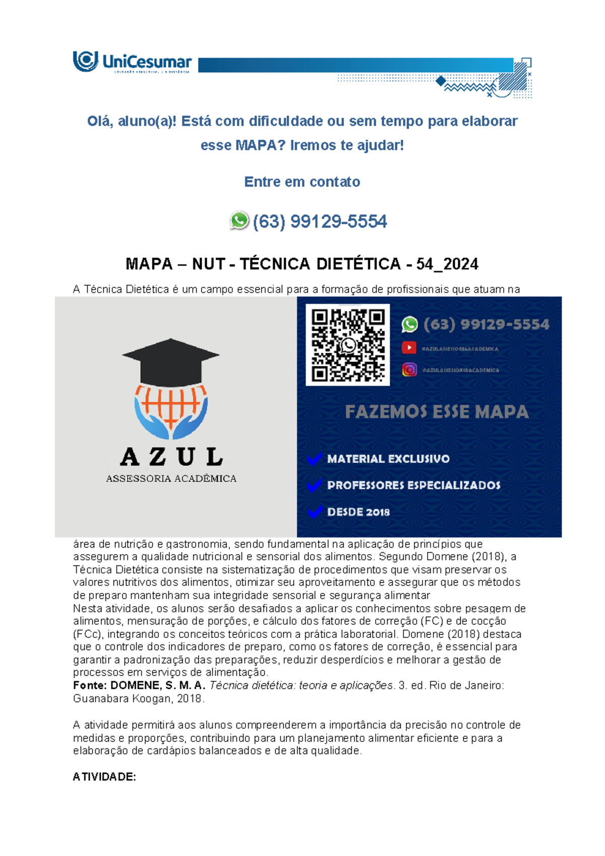 MAPA - NUT - TÉCNICA DIETÉTICA - 54_2024 - Olá, aluno(a)! Está com ...
