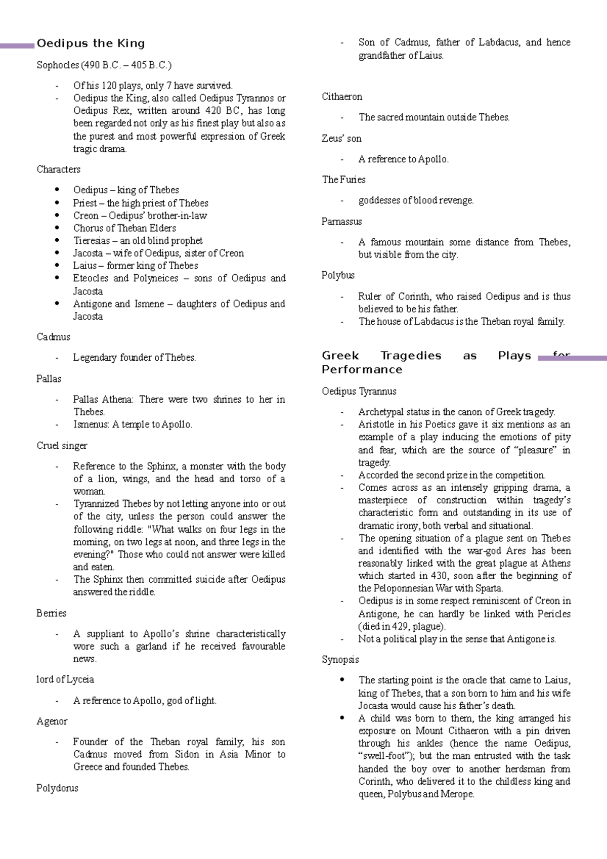 GED117 Module 1 Exam Notes - Oedipus the King Sophocles (490 B. – 405 B ...