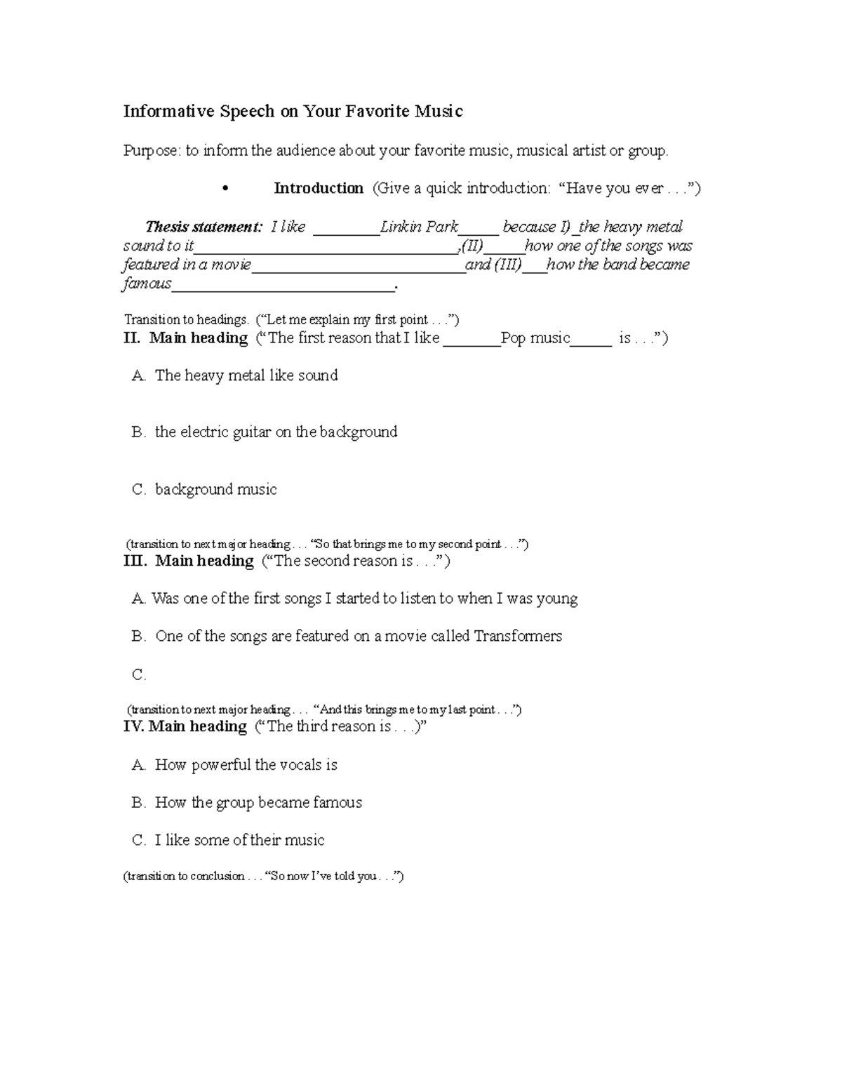 Music speech outline 1 - Informative Speech on Your Favorite Music ...