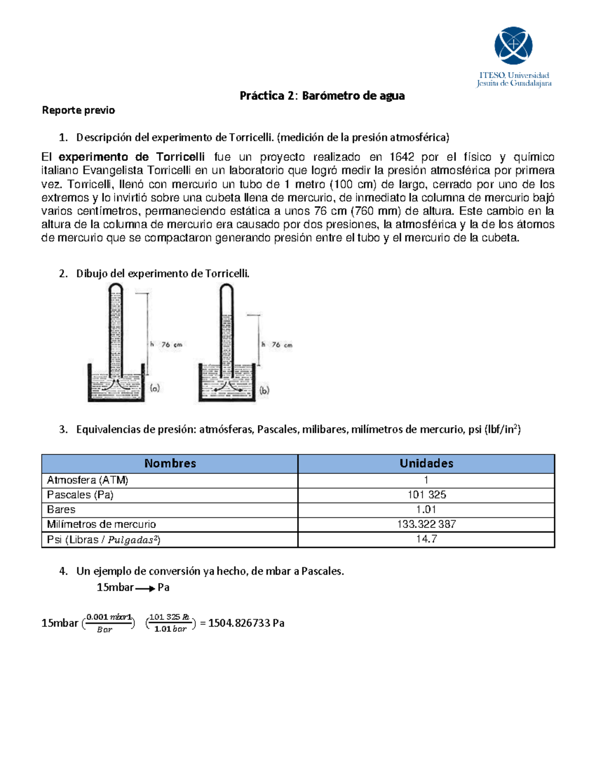 Pre-Lab Barometro - Práctica 2: Barómetro de agua Reporte previo 1 ...