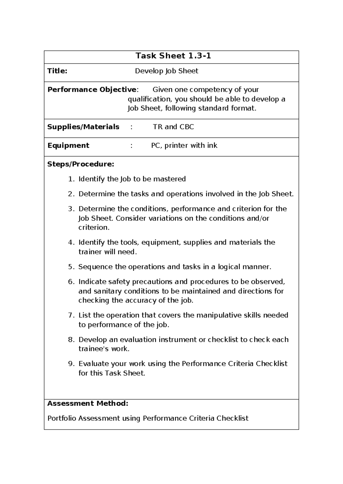 CBLM Job Sheet Template - Task Sheet 1- Title: Develop Job Sheet ...