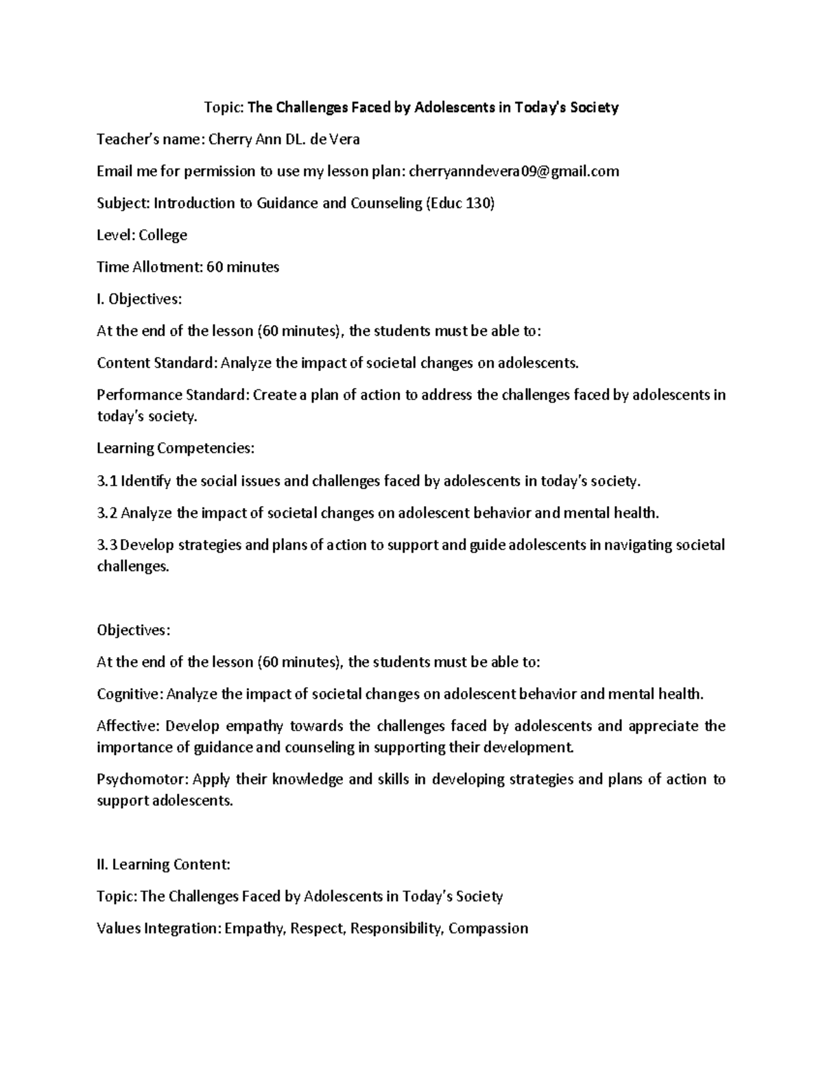 Lesson Plan The Adolescents in Todays Society Educ130 College Level ...