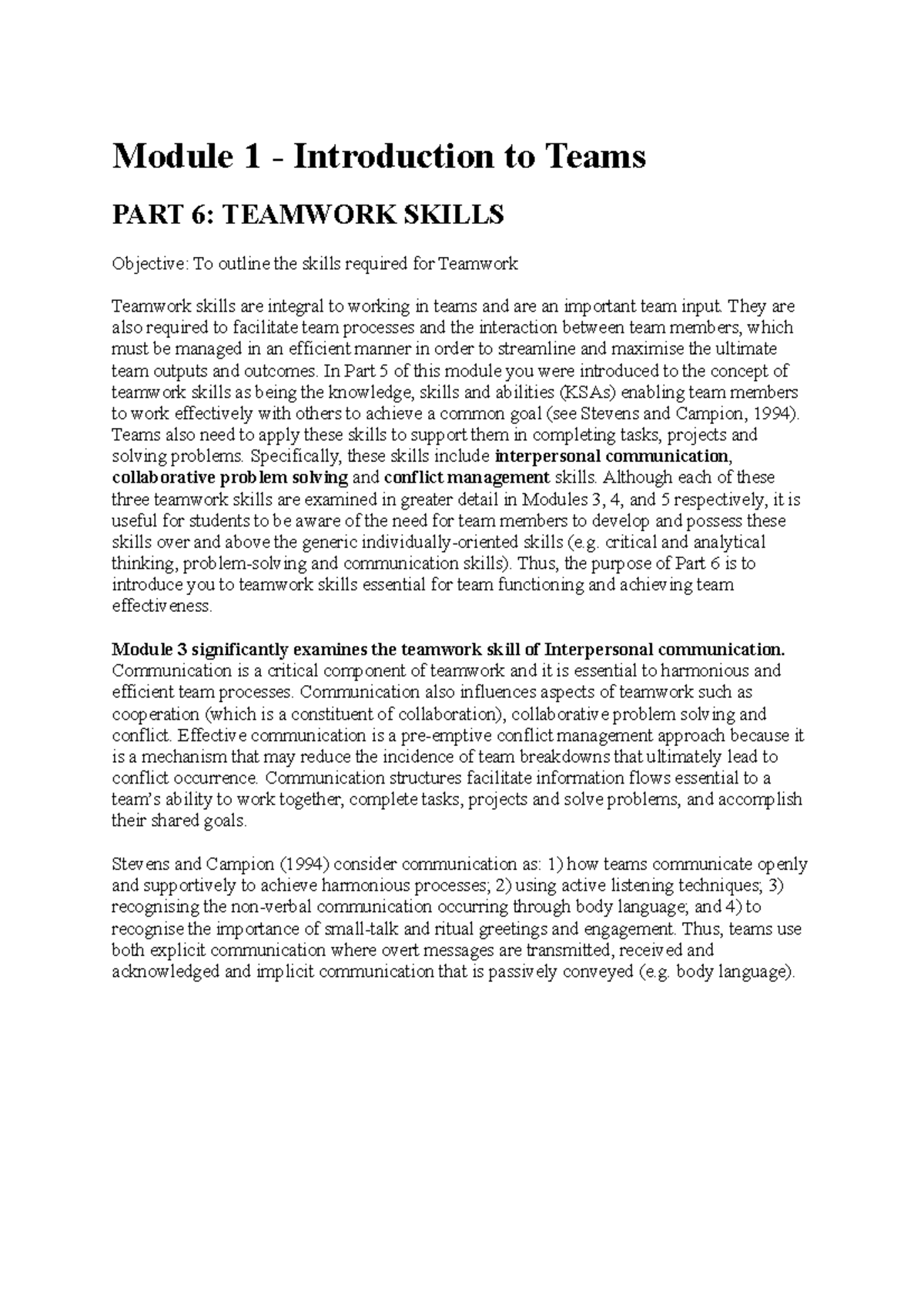 Module 1- Part 6 Teamwork Skills - Module 1 - Introduction to Teams PART 6: TEAMWORK SKILLS ...