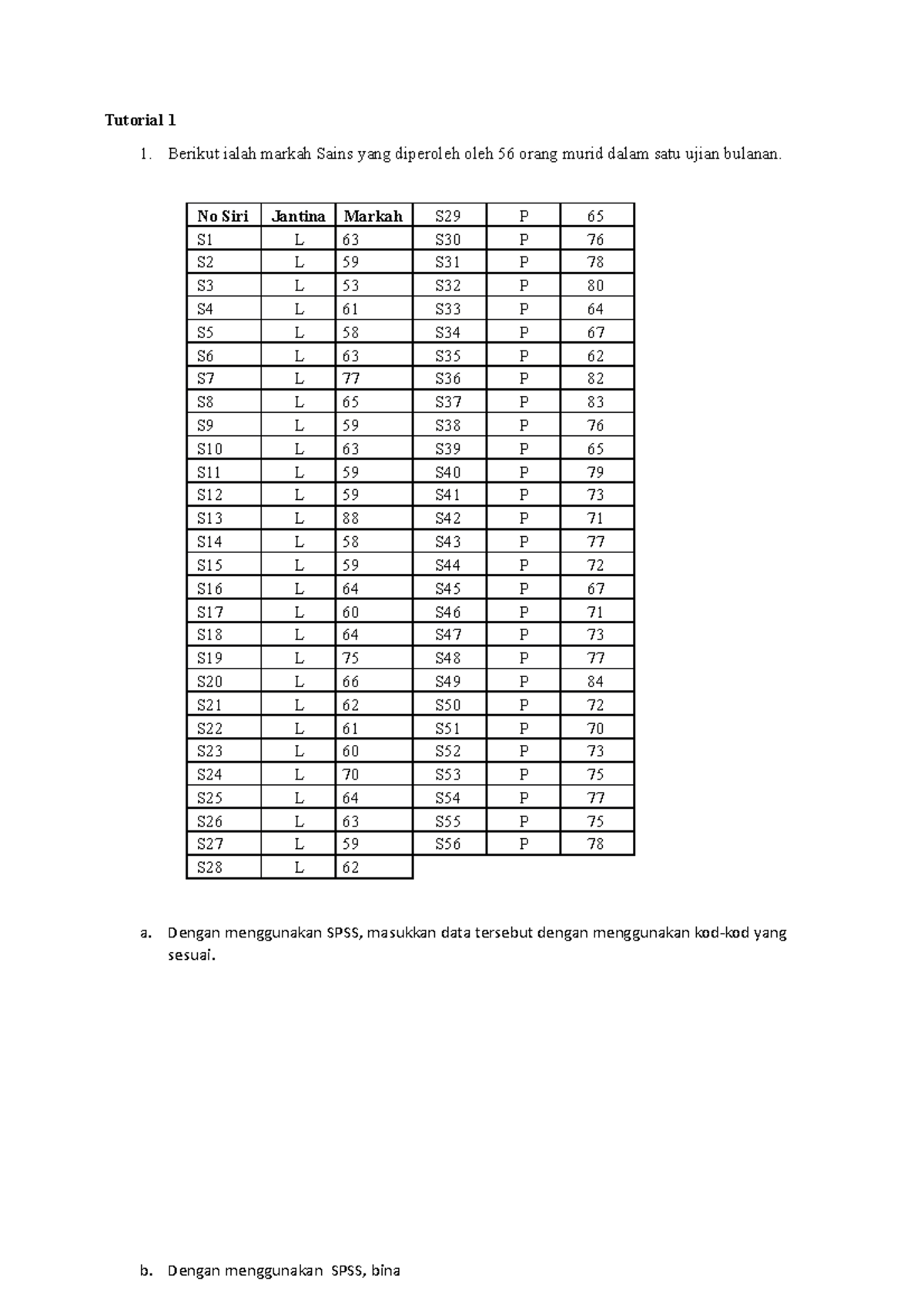 Tutorial Test for Statistic - 1. Berikut ialah markah Sains yang ...