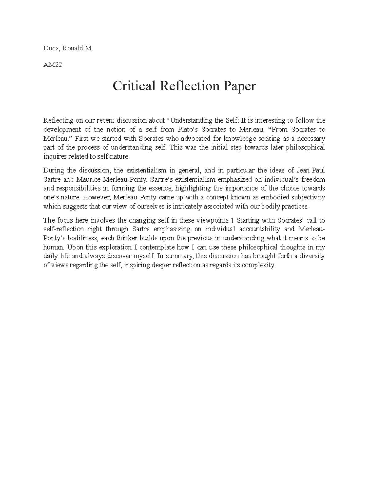 Critical Reflection Paper - Duca, Ronald M. AM Critical Reflection ...