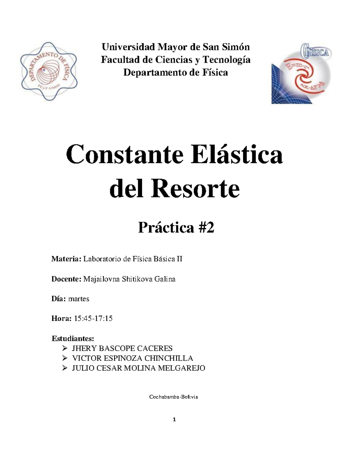 Constante Elastica del Resorte - Universidad Mayor de San Simón ...