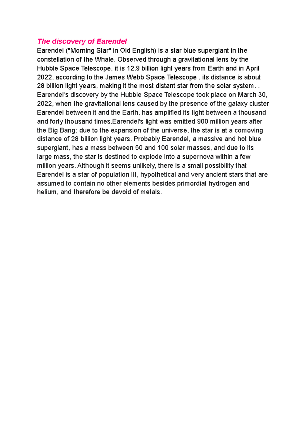 Earendel - Resources - The discovery of Earendel Earendel ("Morning ...