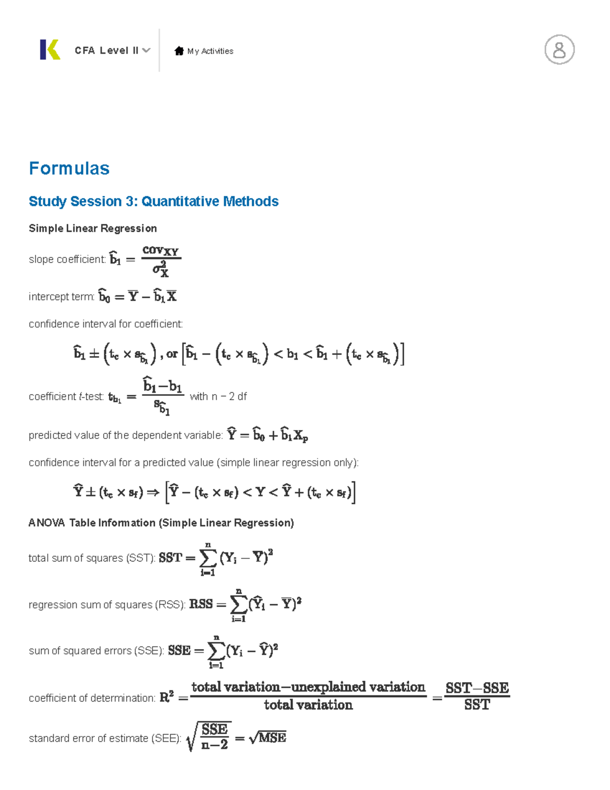 Quant Formulas - My Activities Formulas Study Session 3: Quantitative Methods Simple Linear ...