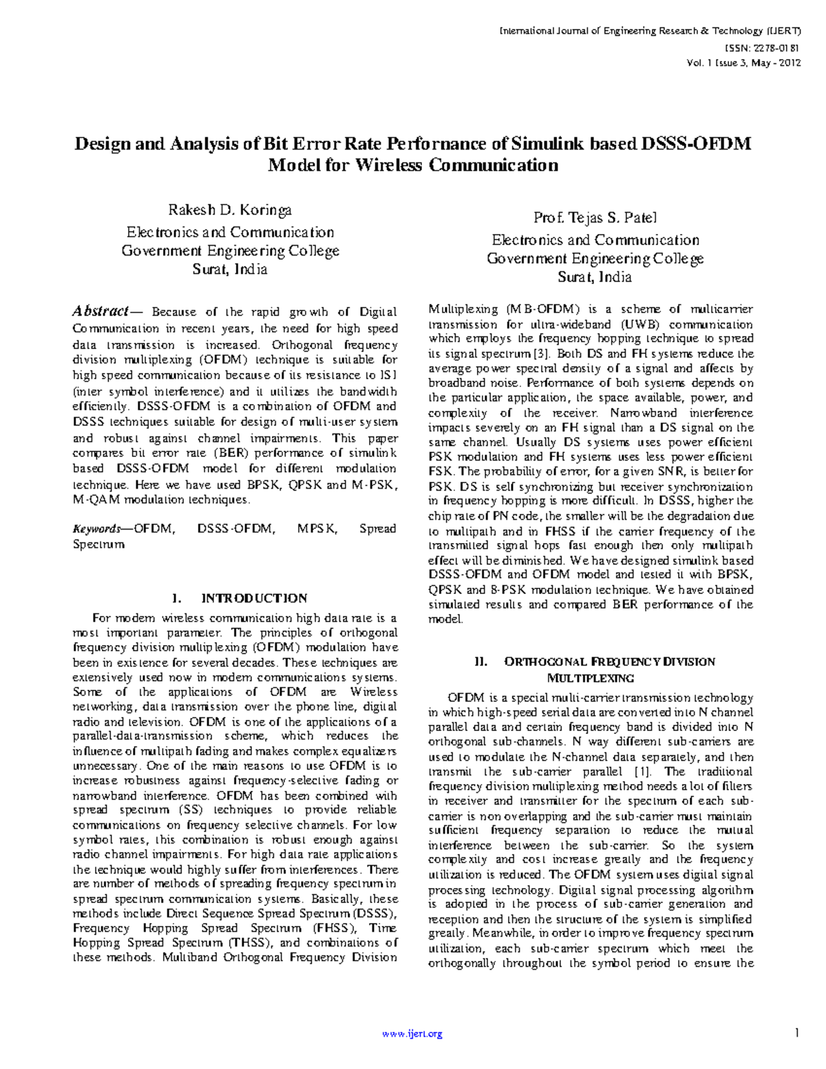 Design And Analysis Of Bit Error Rate Perfornance Of Simulink Based Dsss Ofdm Model For Wireless