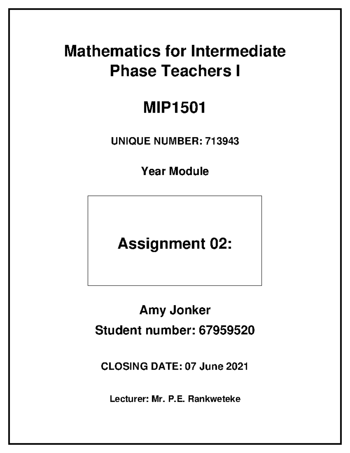 MIP1501 Assignment 2 - Mathematics for Intermediate Phase Teachers I ...