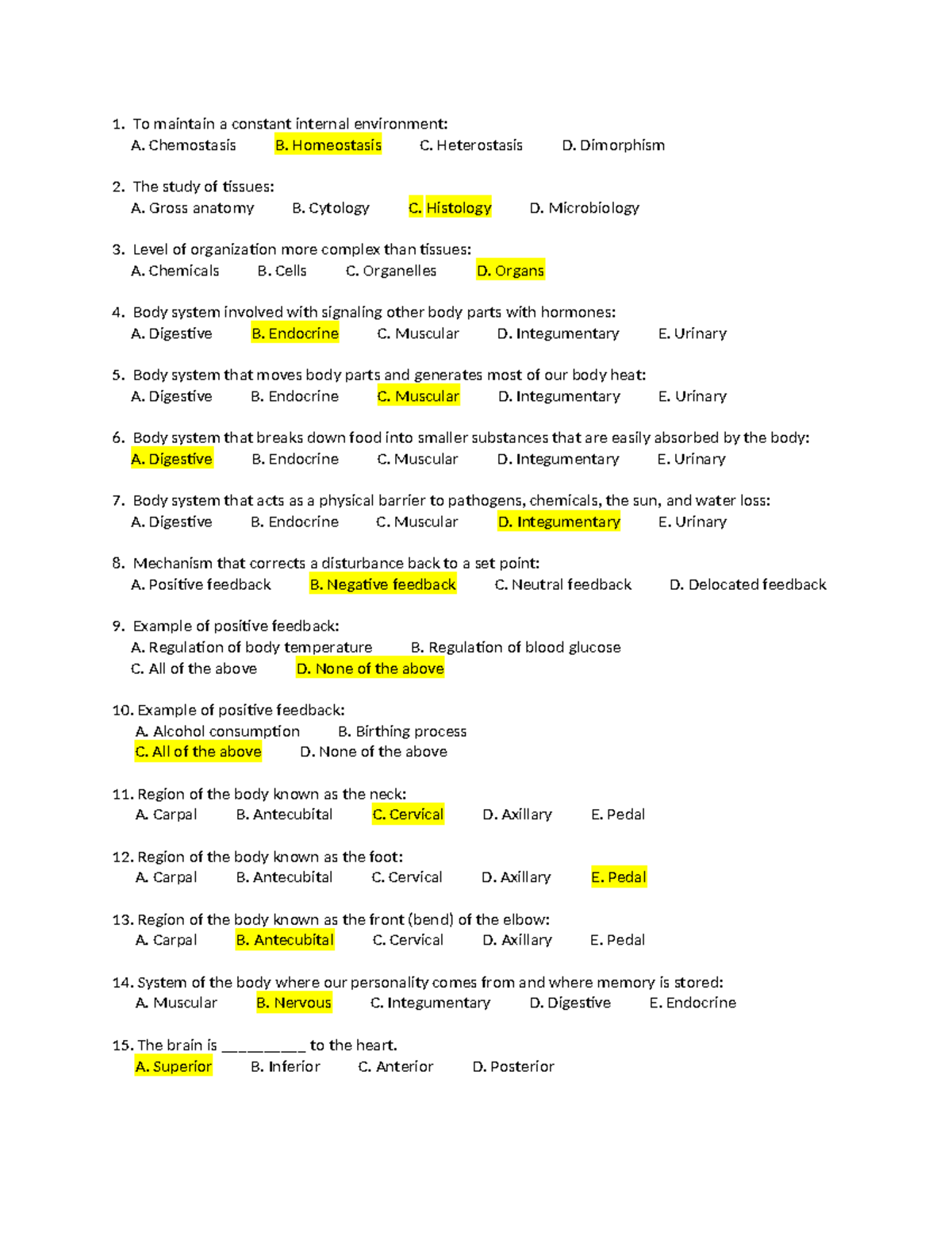 Chapter 1 Questions - To maintain a constant internal environment: A ...