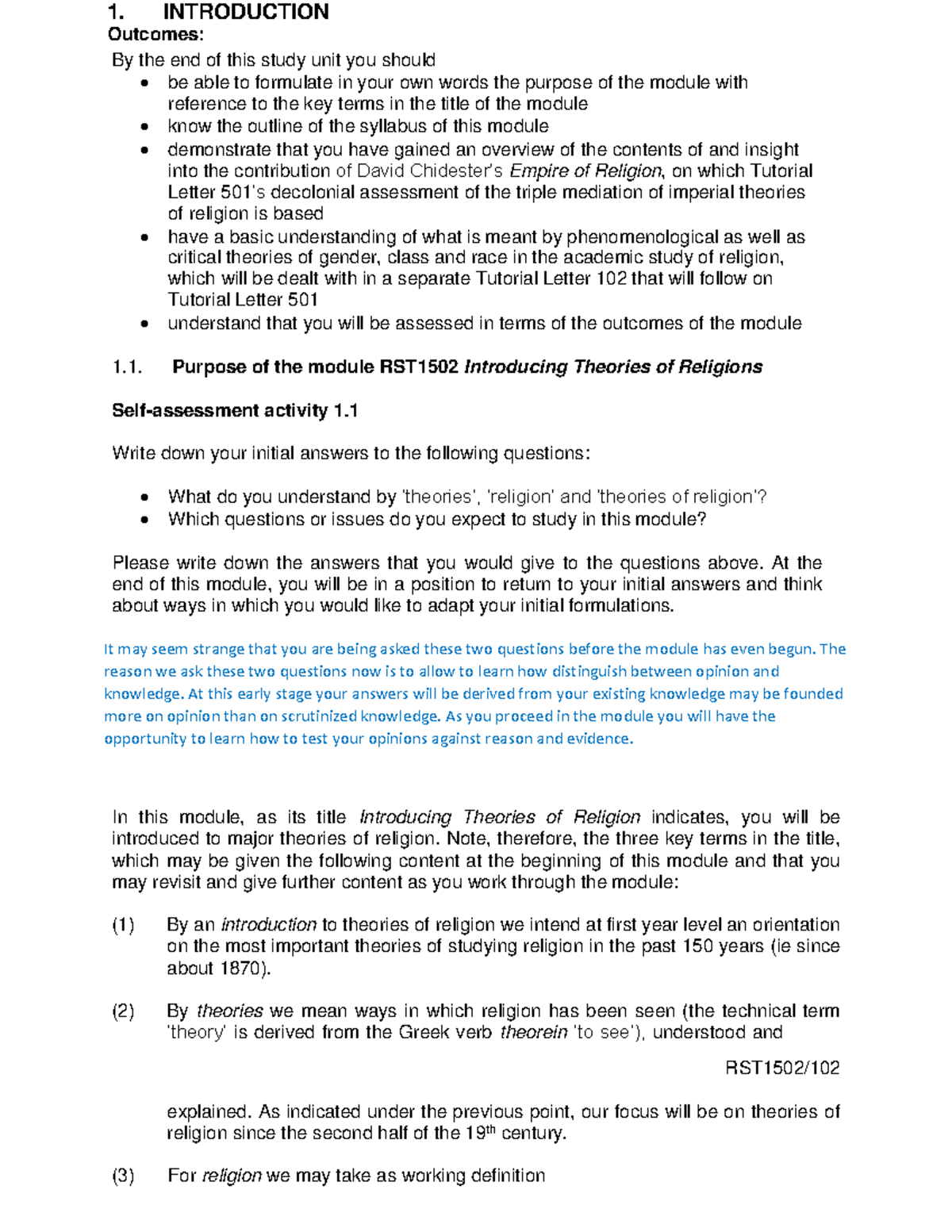 Lecture 1 Introduction RST1502 - 1. INTRODUCTION Outcomes: By the end of this study unit you ...