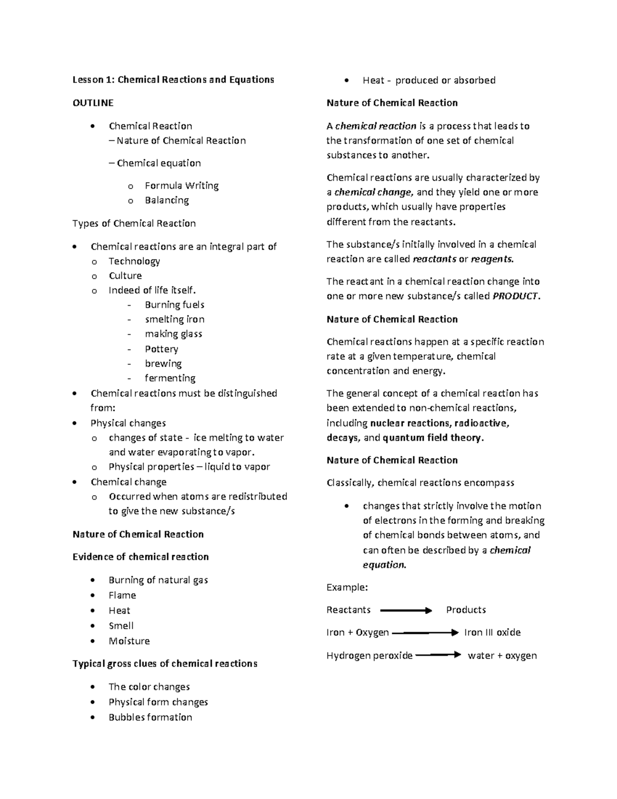 CHEM Midterm - CHEMISTRY - Lesson 1: Chemical Reactions and Equations ...