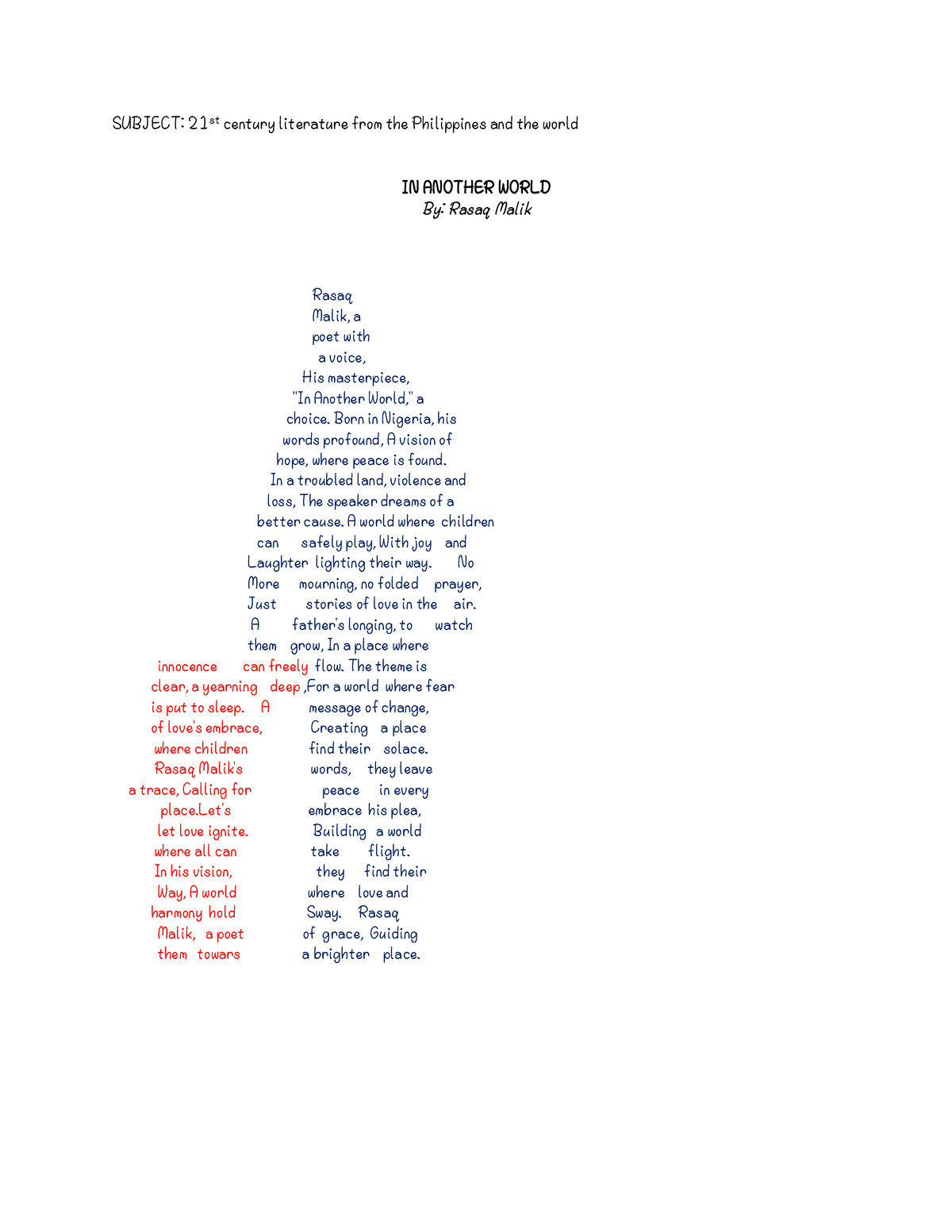 Visual Poem.ppt - SUBJECT: 21 st century literature from the ...