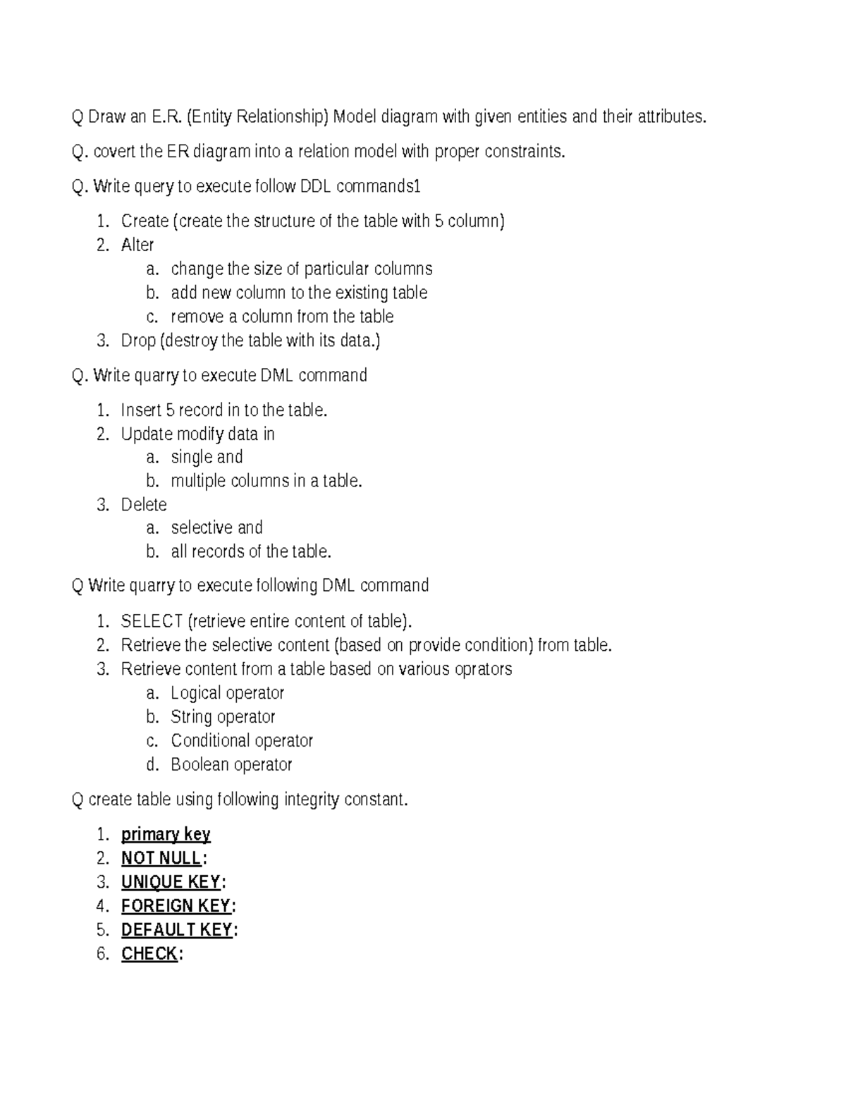 Dbms Ques Summary Basic It Tools Q Draw An E Entity Relationship