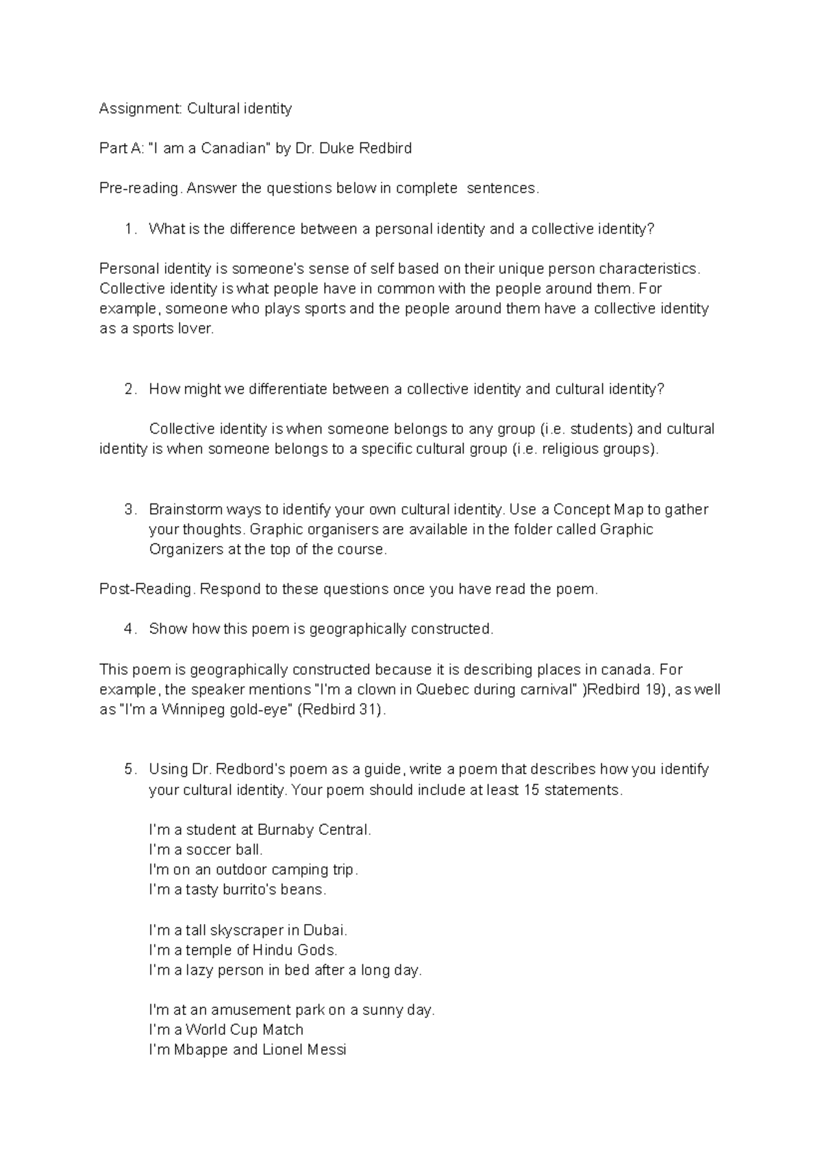 Assignment Cultural identity - Duke Redbird Pre-reading. Answer the ...