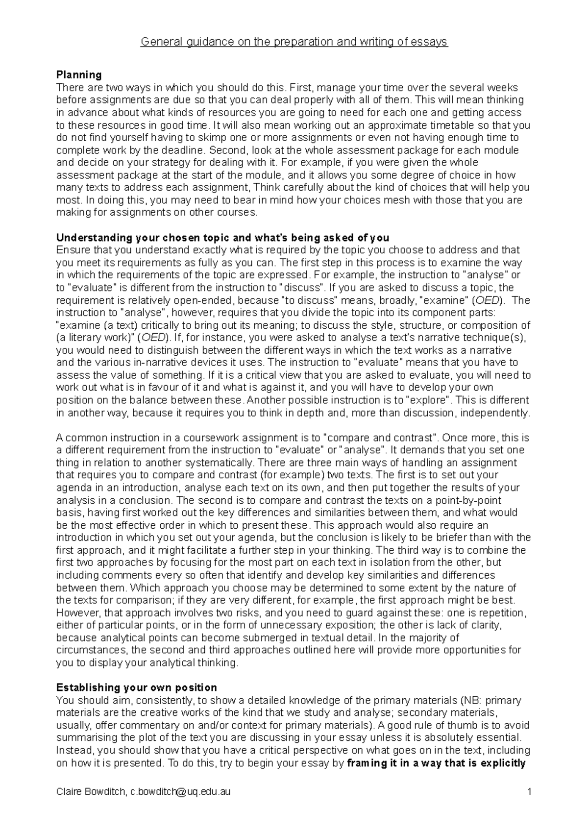 ENGL1800 guidance on the preparation and writing of essays - Planning ...