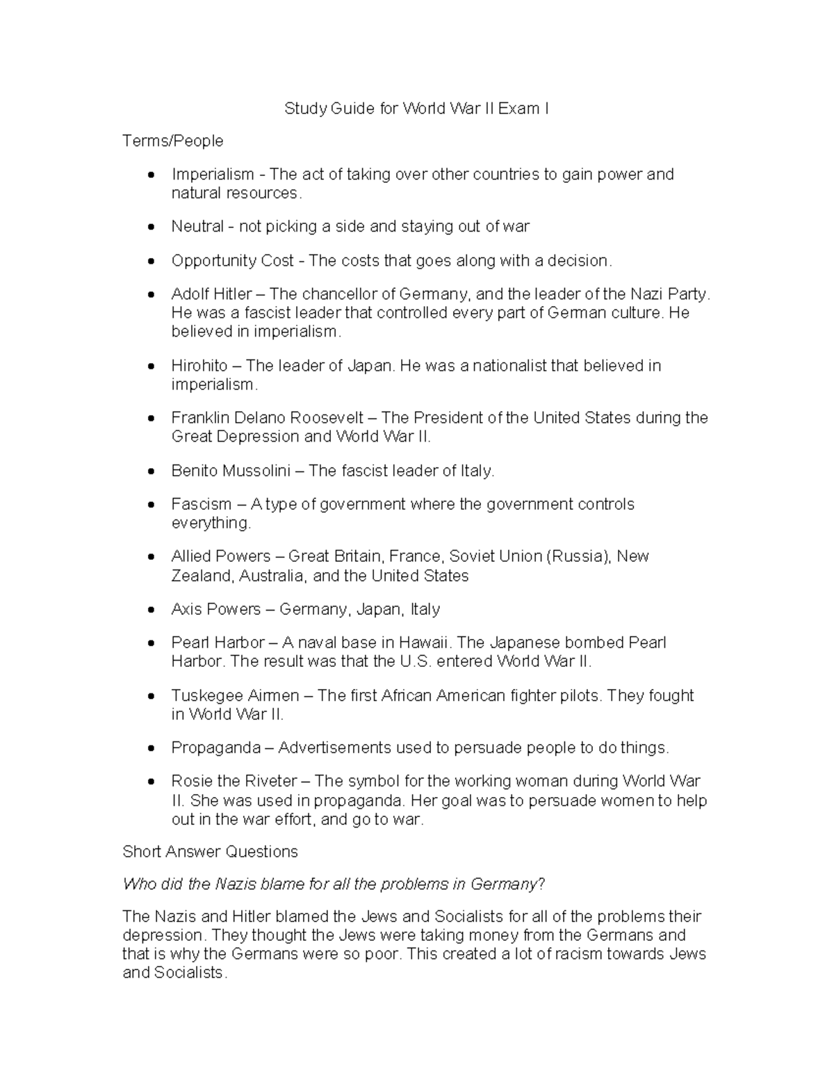 Study Guide WWII part 1 - Study Guide for World War II Exam I Terms ...