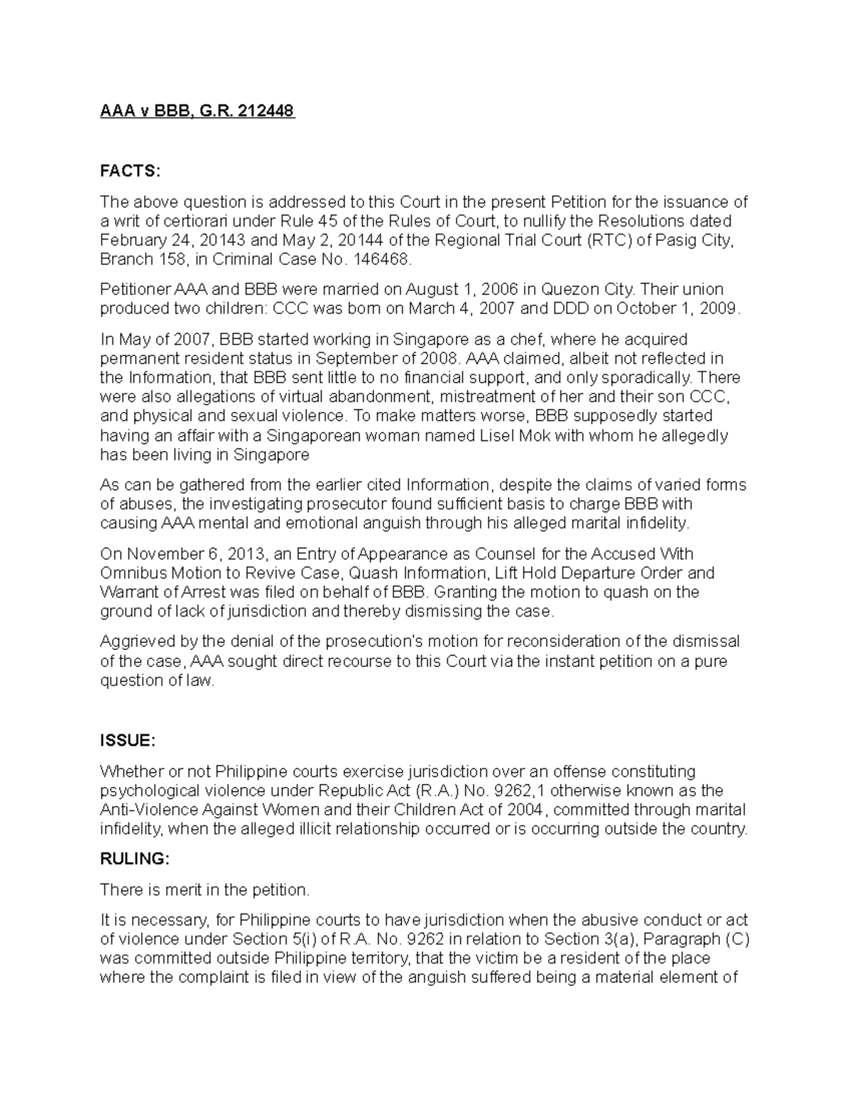 AAA v BBB - Case Digest - AAA v BBB, G. 212448 FACTS: The above ...