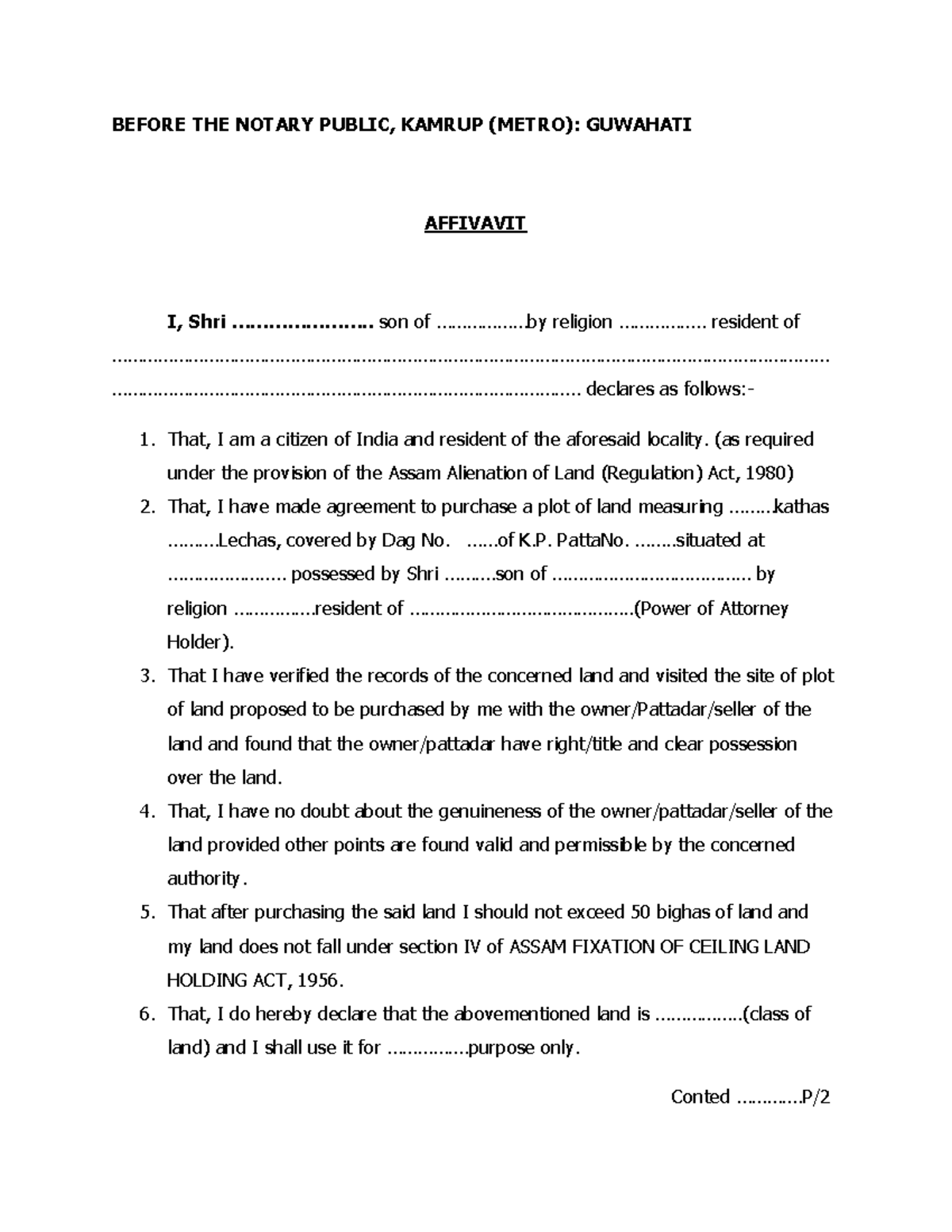 Affidavit of the purchaser - BEFORE THE NOTARY PUBLIC, KAMRUP (METRO ...